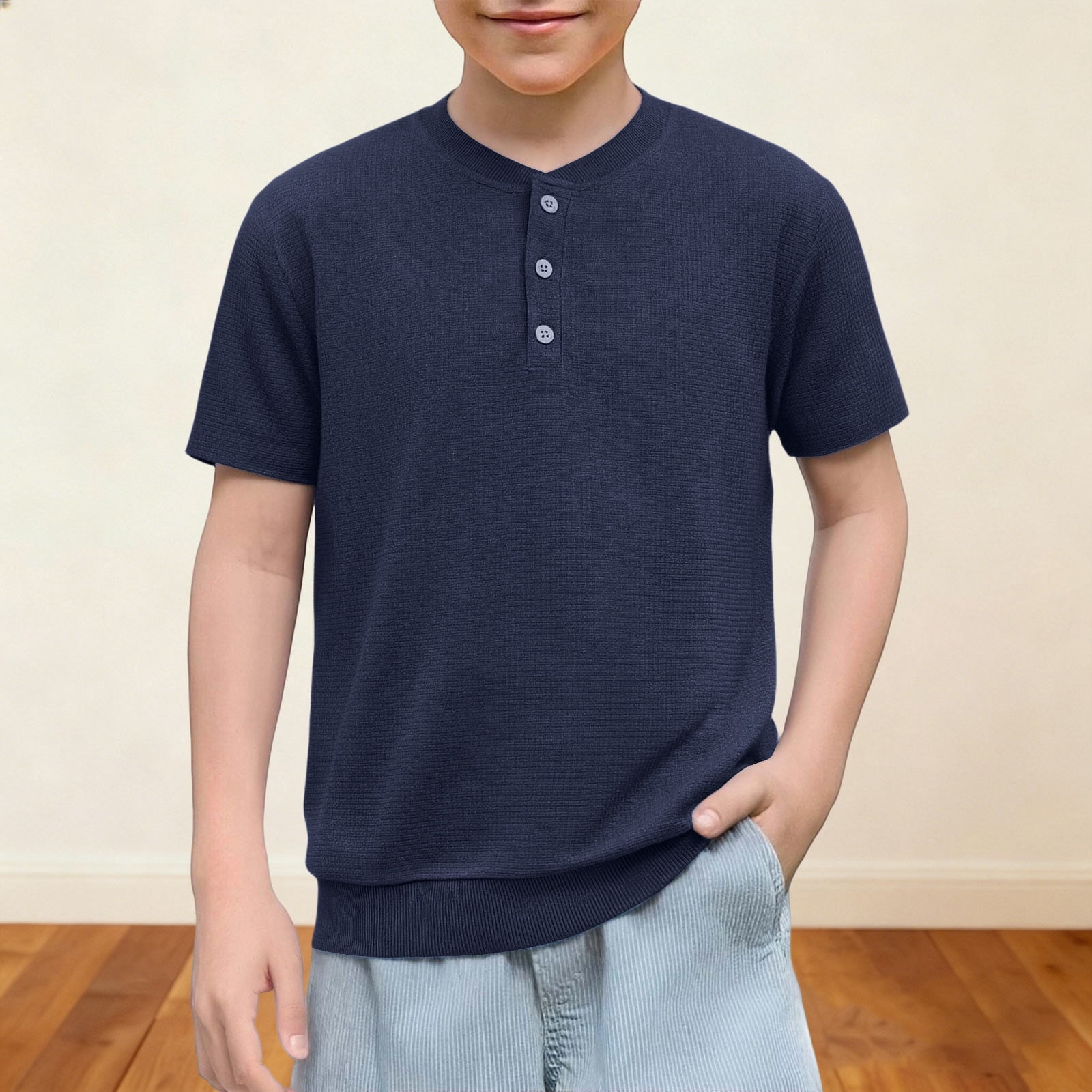 Boys Casual Short Sleeve Round Neck T-Shirt Solid Color Top Soft ...