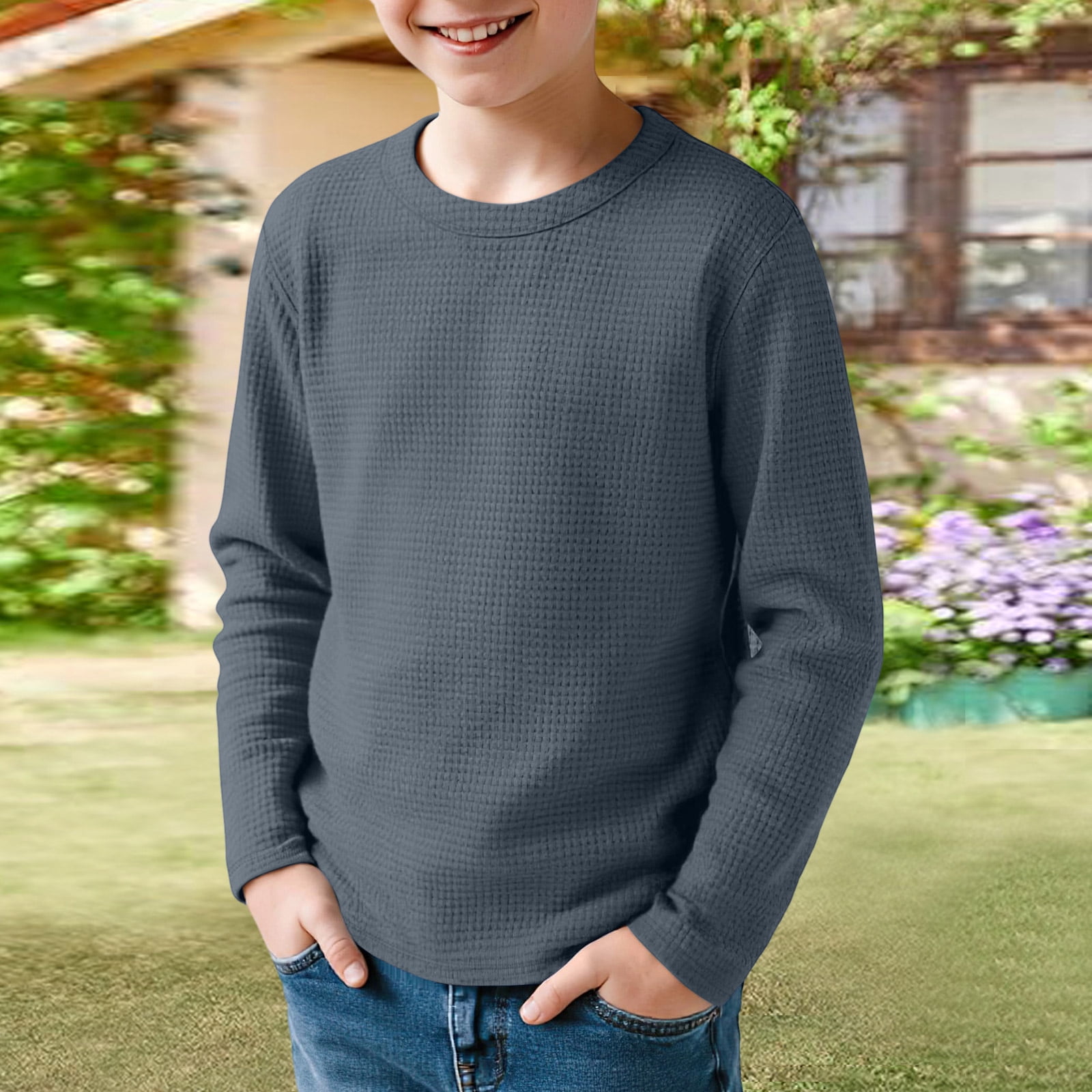 Boys Casual T Shirts Waffle Knit Long Sleeve Crewneck Cute Loose Fall ...