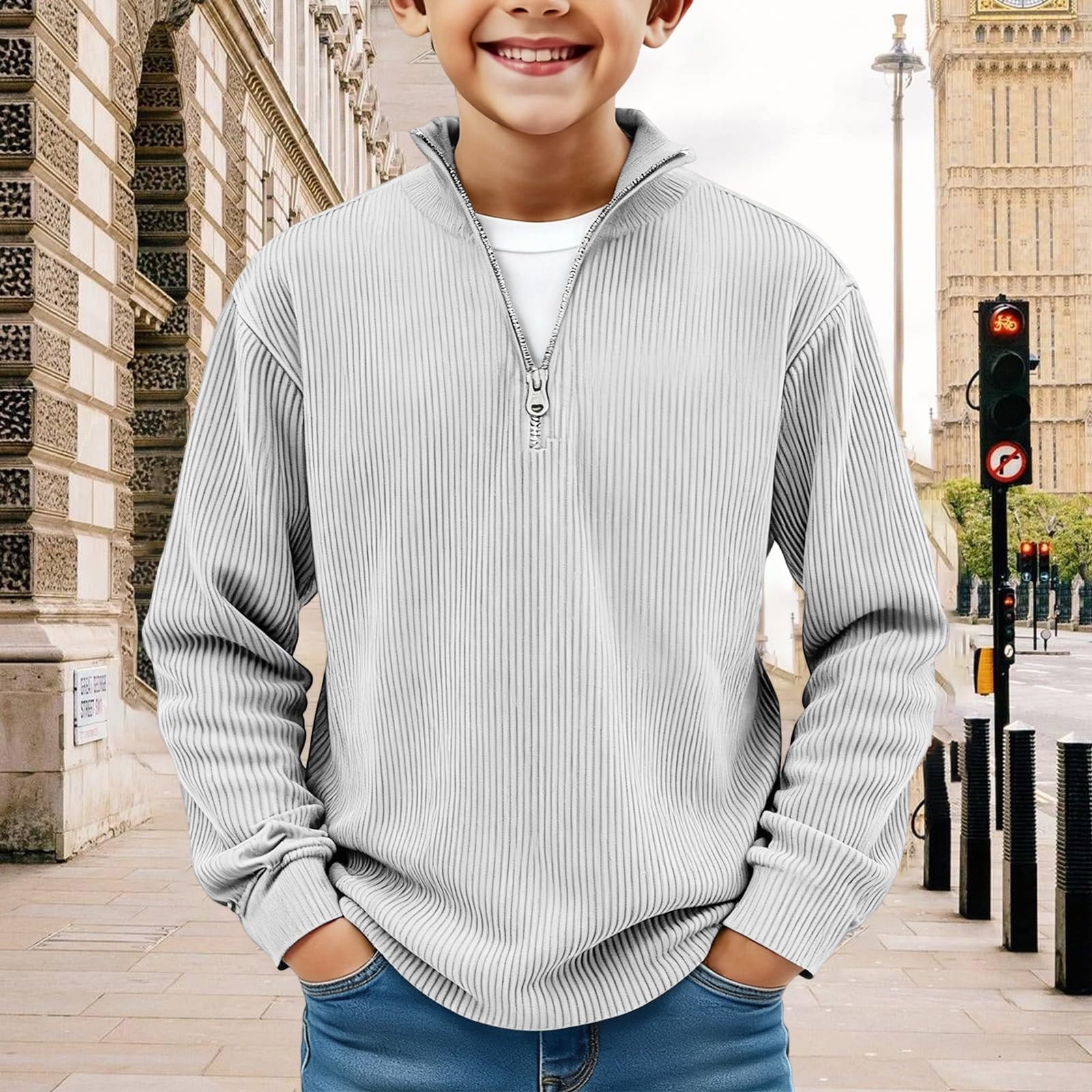 Boys Casual Top Long Sleeve Half Zip Lapel Pullover Loose Lightweight ...
