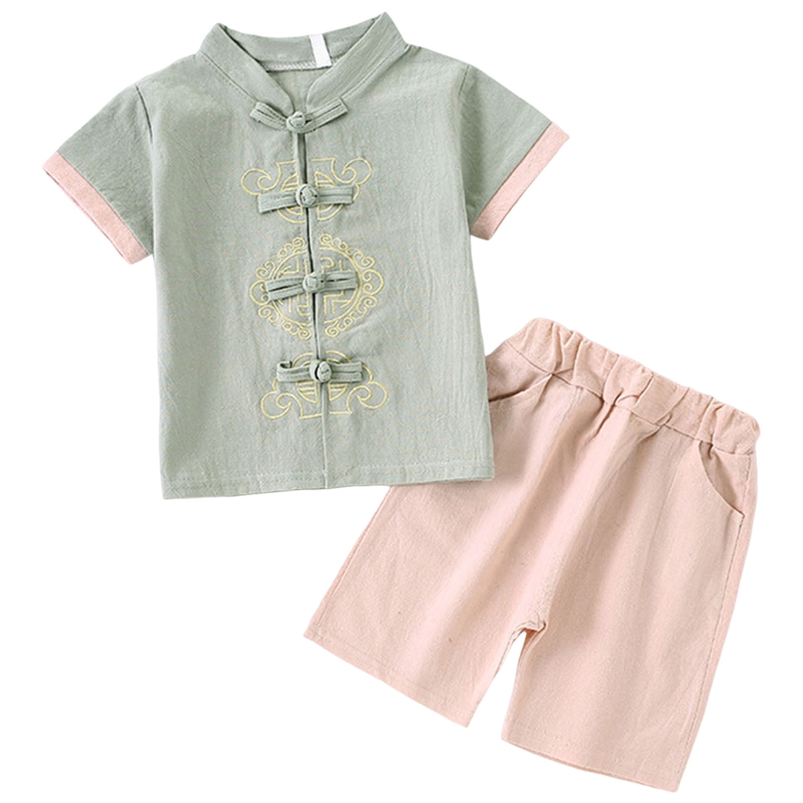 Boys Chinese Traditional Summer Outfits Short Sleeve Mandarin Collared ...