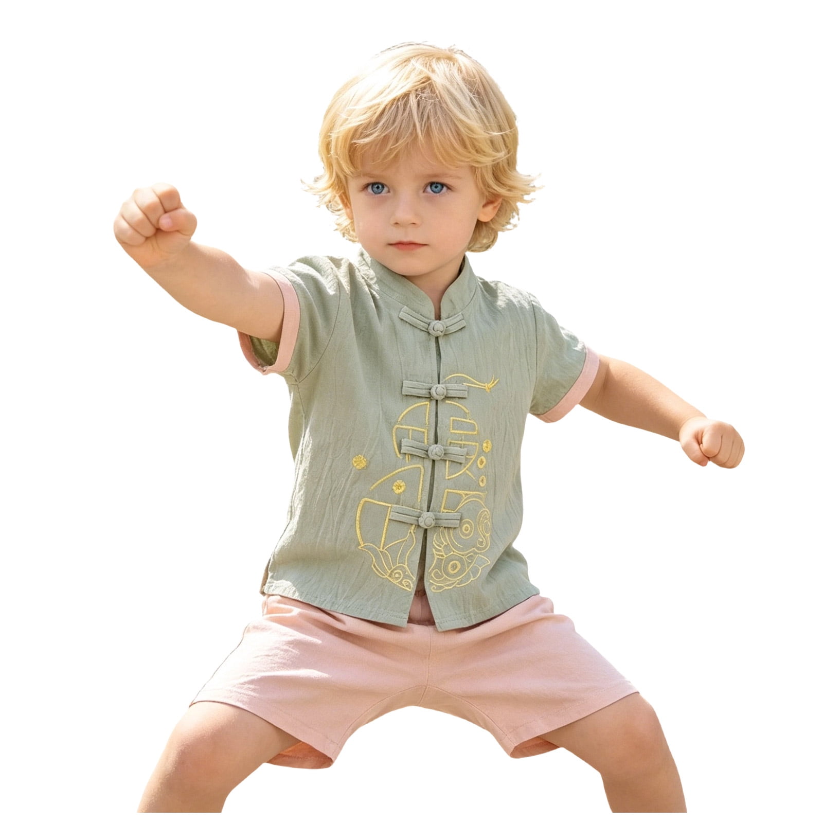 Boys Chinese Traditional Summer Outfits Short Sleeve Mandarin Collared ...