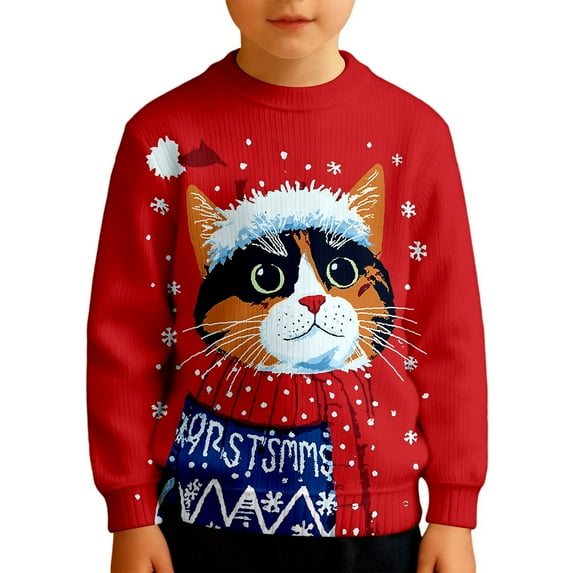 Boys Christmas Cat Pattern Crewneck Pullover, Winter Holiday Soft-Lined ...