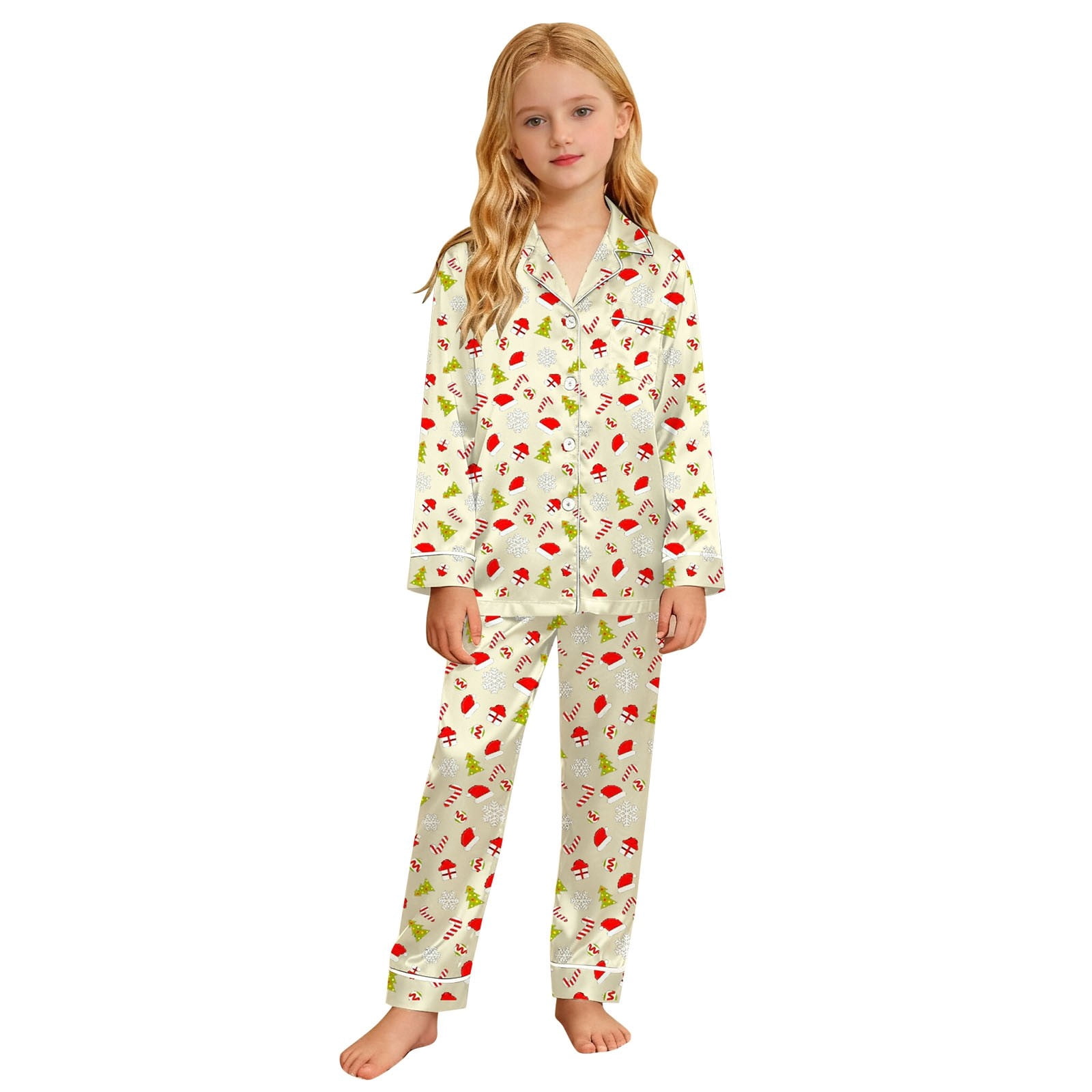 Boys Christmas Pajamas Beige Girls Pajamas Set Silk Satin Button-Down ...