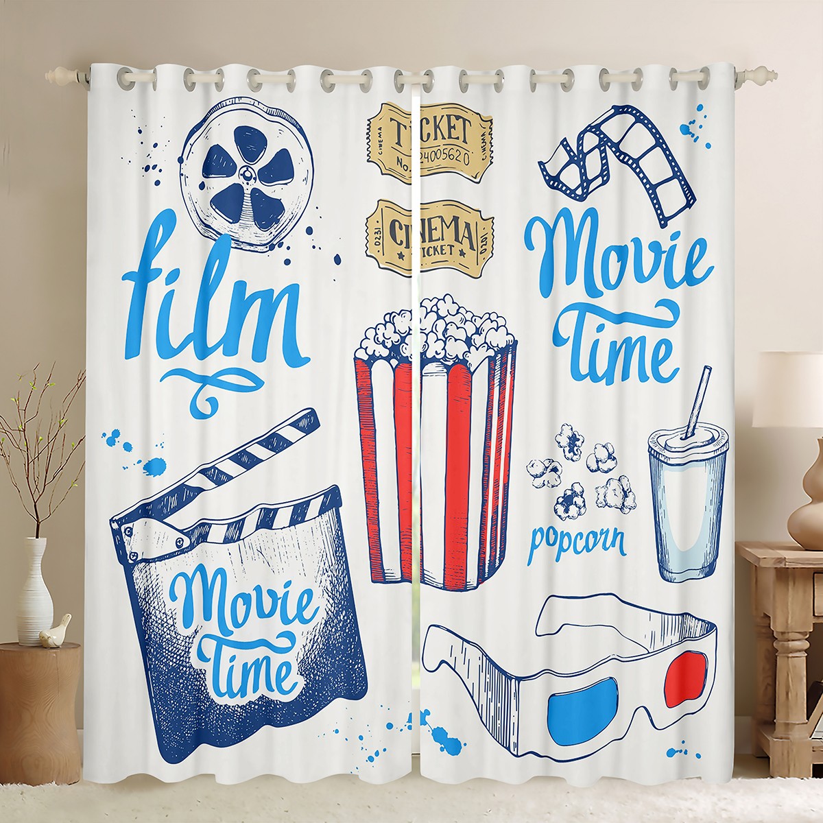 Boys Cinema Popcorn Blackout Curtains 42"Wx84"L Movie Theater Kids ...