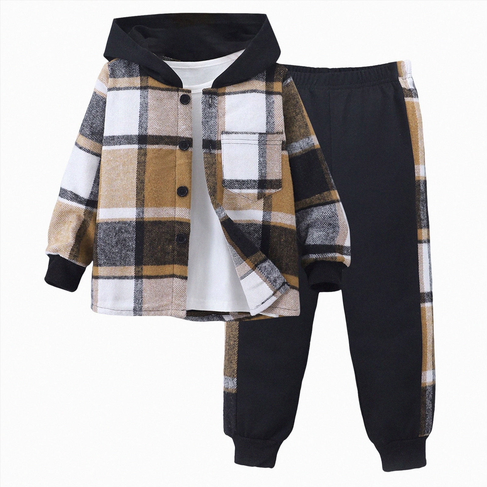 Boys Clothes Long Sleeve Plaid Color Clash Hooded Two Piece Boys' Suit ...