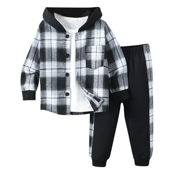 Boys Clothes Plaid Hooded Shirt 2pcs Outfit, Button Front Toddler Fall ...