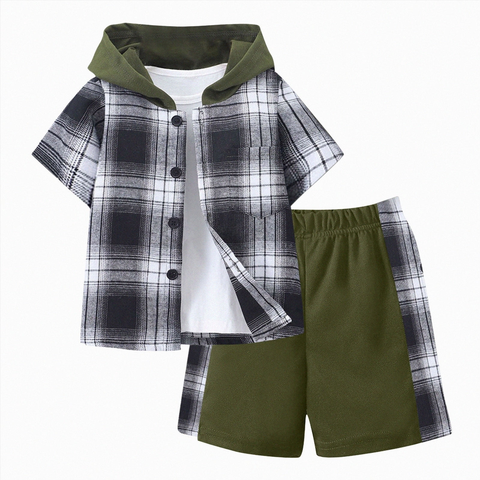 Boys Clothes Shorts Sets Plaid Short Sleeve Hooded Button And Jogger ...