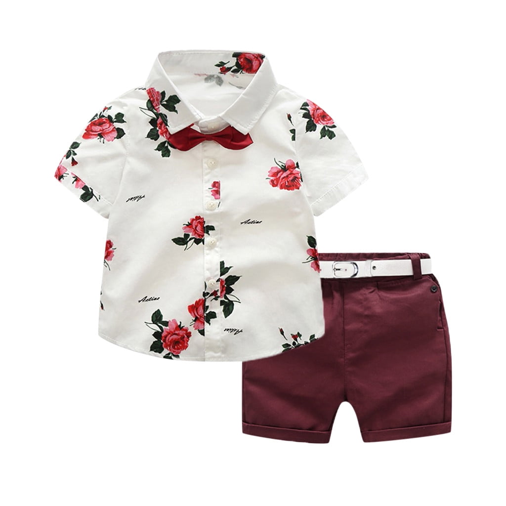 Boys Clothing Set Polo Collar Floral Printed Shirt Bow Tie Shorts 2 ...