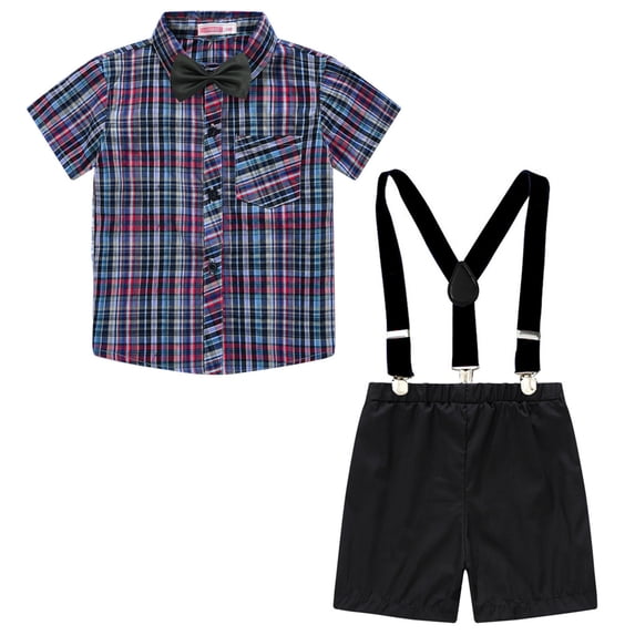 Boys Clothing Set Polo Collar Short Sleeve Plaid Casual Shorts Bow Tie ...