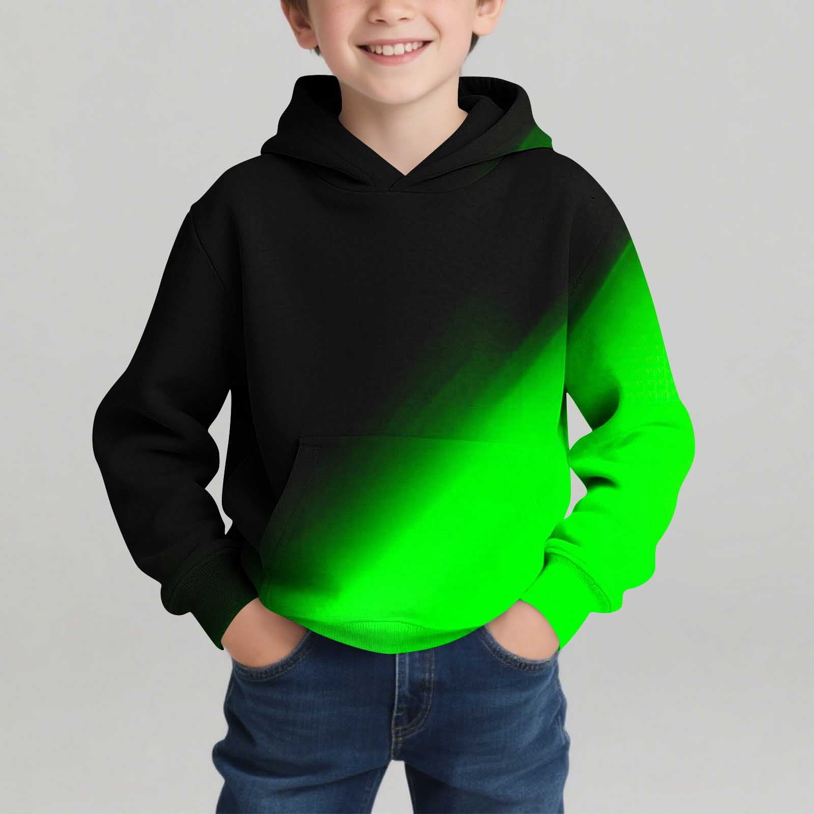 Boys Color Block Hoodie Green Ombre Pullover with Pocket, Stretchy Soft ...