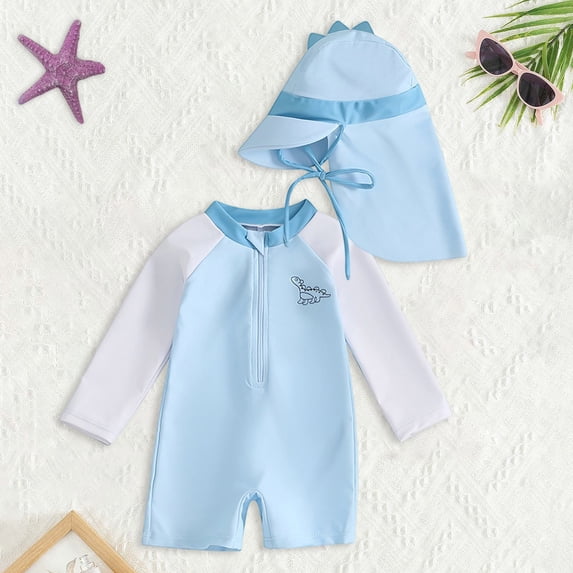 Boys Color Block Long Sleeve Half Zip One Piece Swimsuit with Cap ...