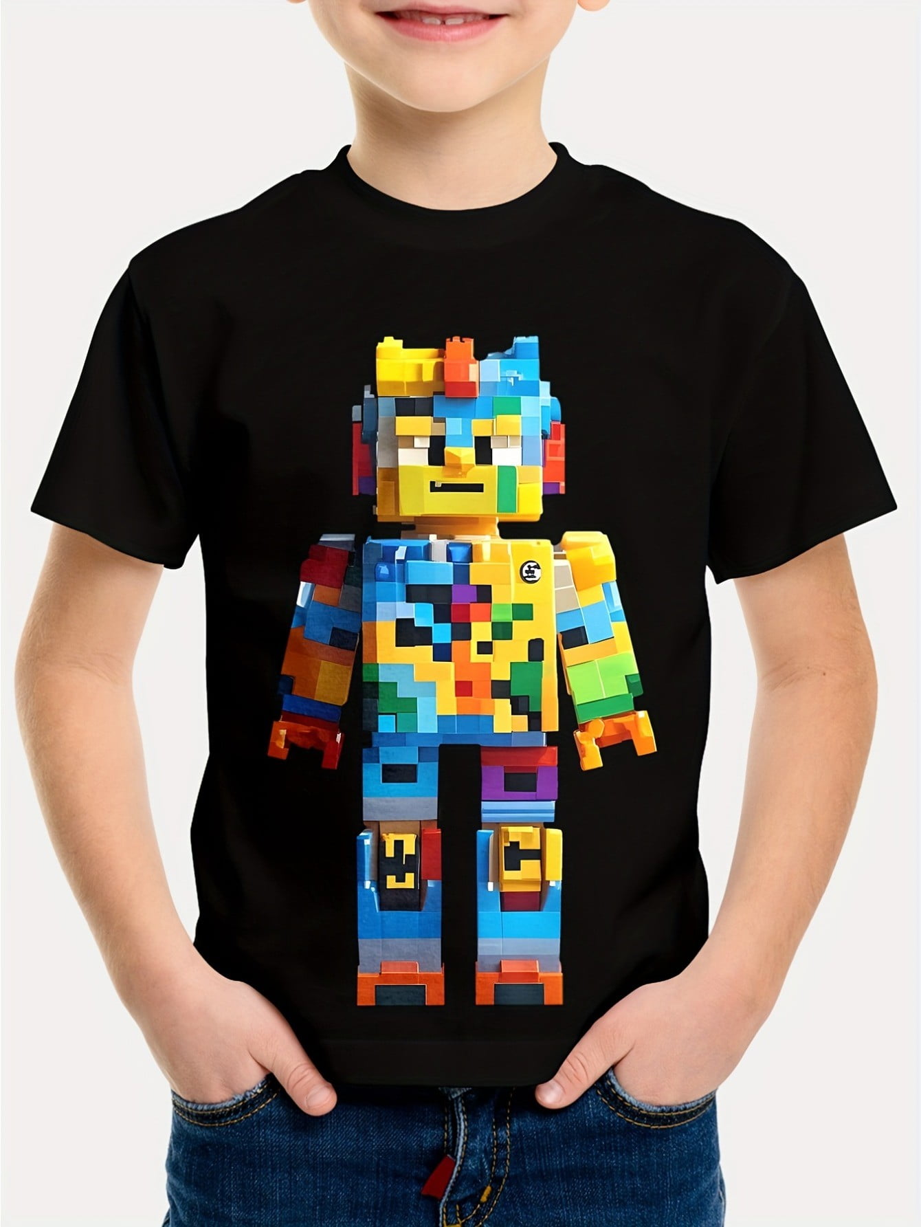 Boys' Colorful Building Blocks Graphic Tee - Casual Short Sleeve, Breathable Cotton, Perfect for ...