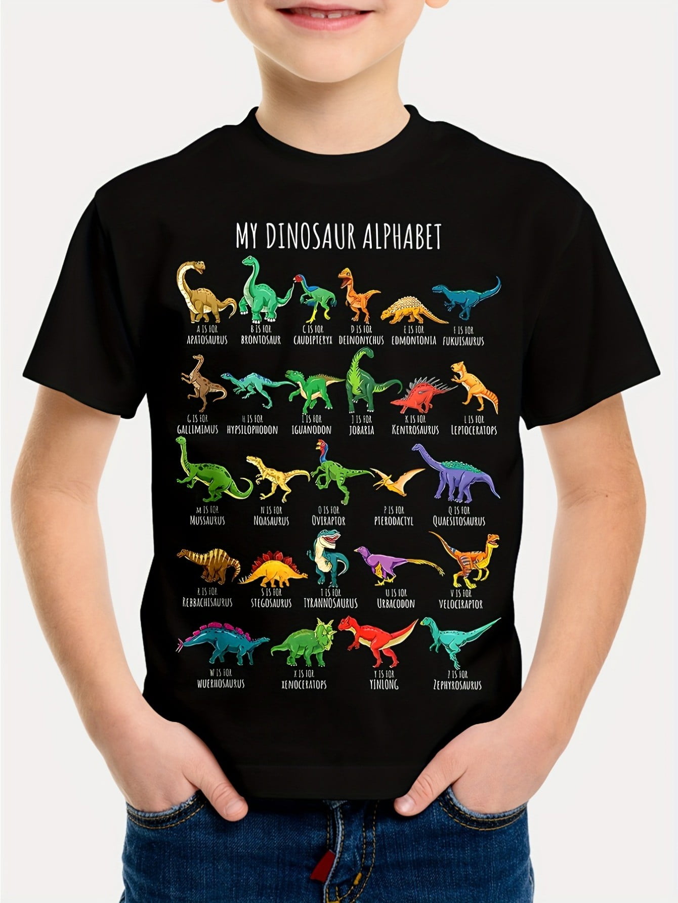 Boys' Colorful Dinosaur Alphabet Print T-Shirt - Casual Crew Neck Short ...