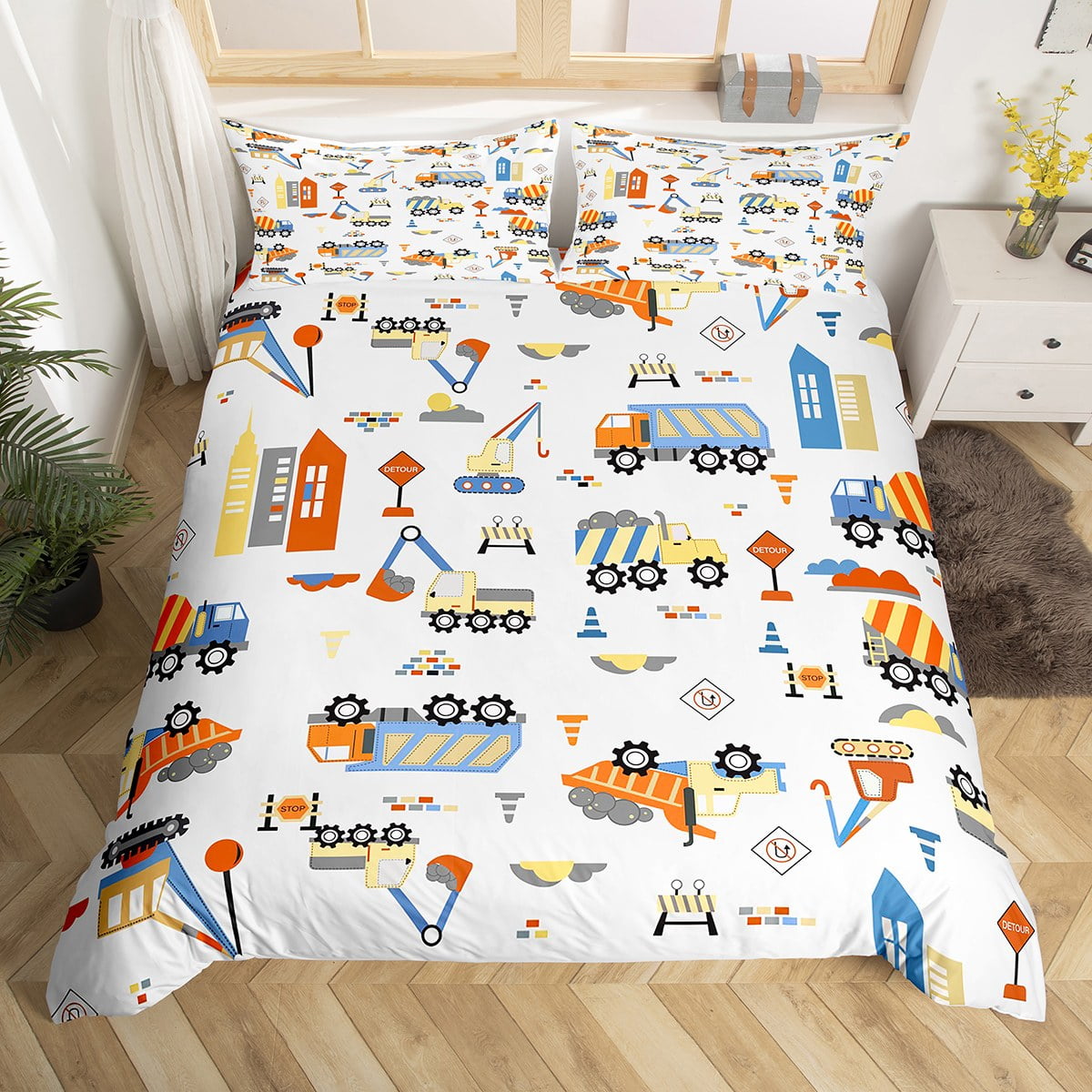 Boys Construction Comforter Cover Queen, Crane Cement Mixer Bedding Set ...