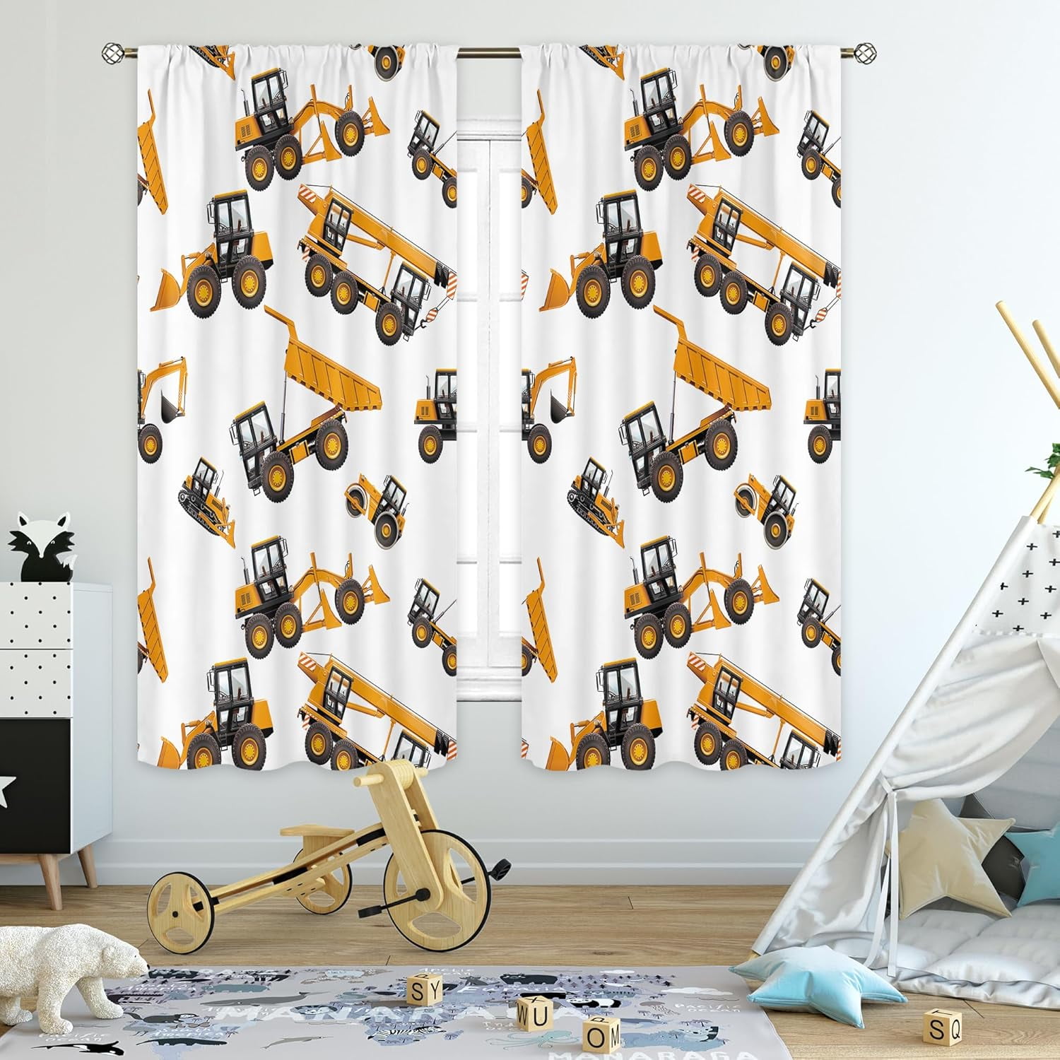 Boys Construction Curtains 42Wx63L Inch Rod Pocket Cartoon Tractor ...