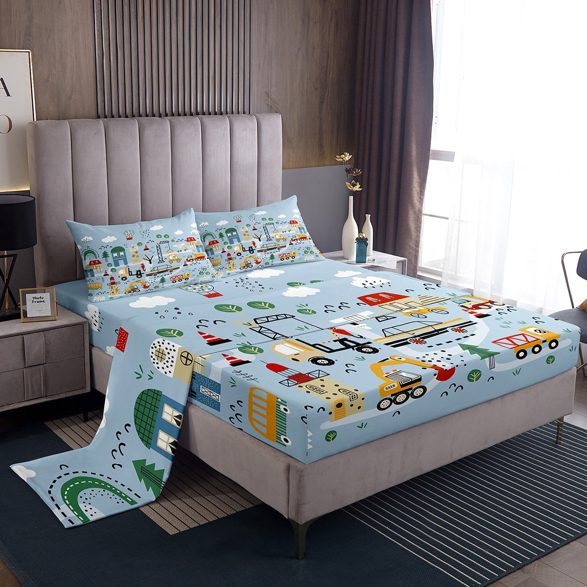 Boys Construction Full Size Sheet Set for Kids Cartoon Tractor Cars Bed ...