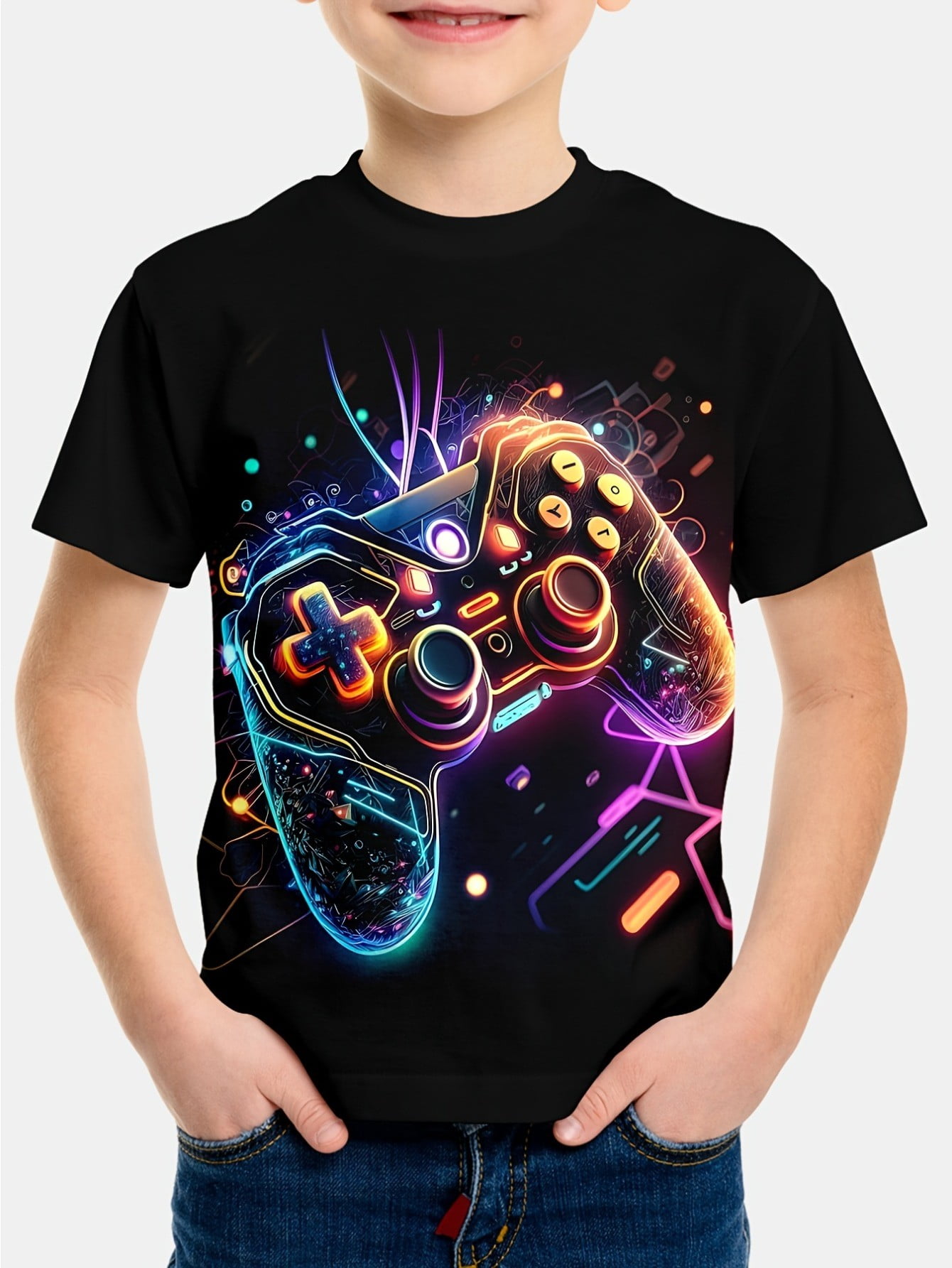 Boys' Cool 3D Game Controller Graphic Tee - Casual Short Sleeve Crew Neck T-Shirt, Lightweight ...