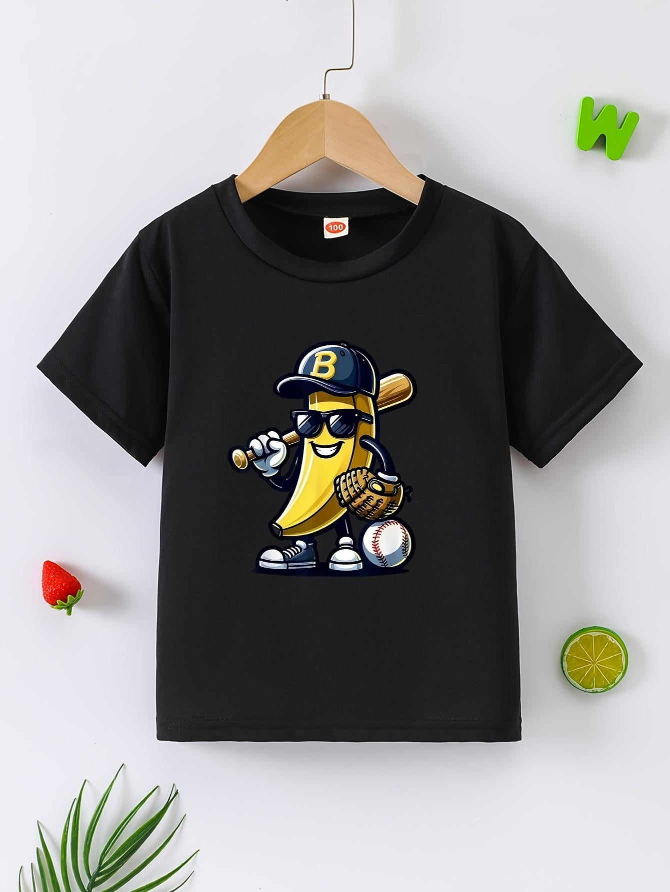 Boys' Cool Baseball Banana Cartoon Print T-Shirt - Light Blue, Soft ...