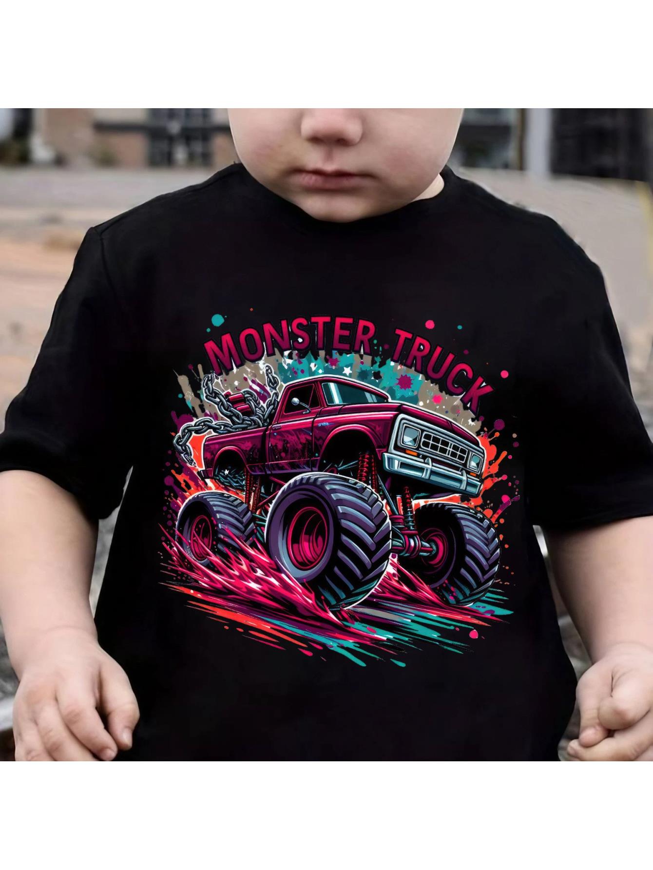 Boys' Cool Monster Truck Graphic T-Shirt - Vibrant Pink & Blue Design ...