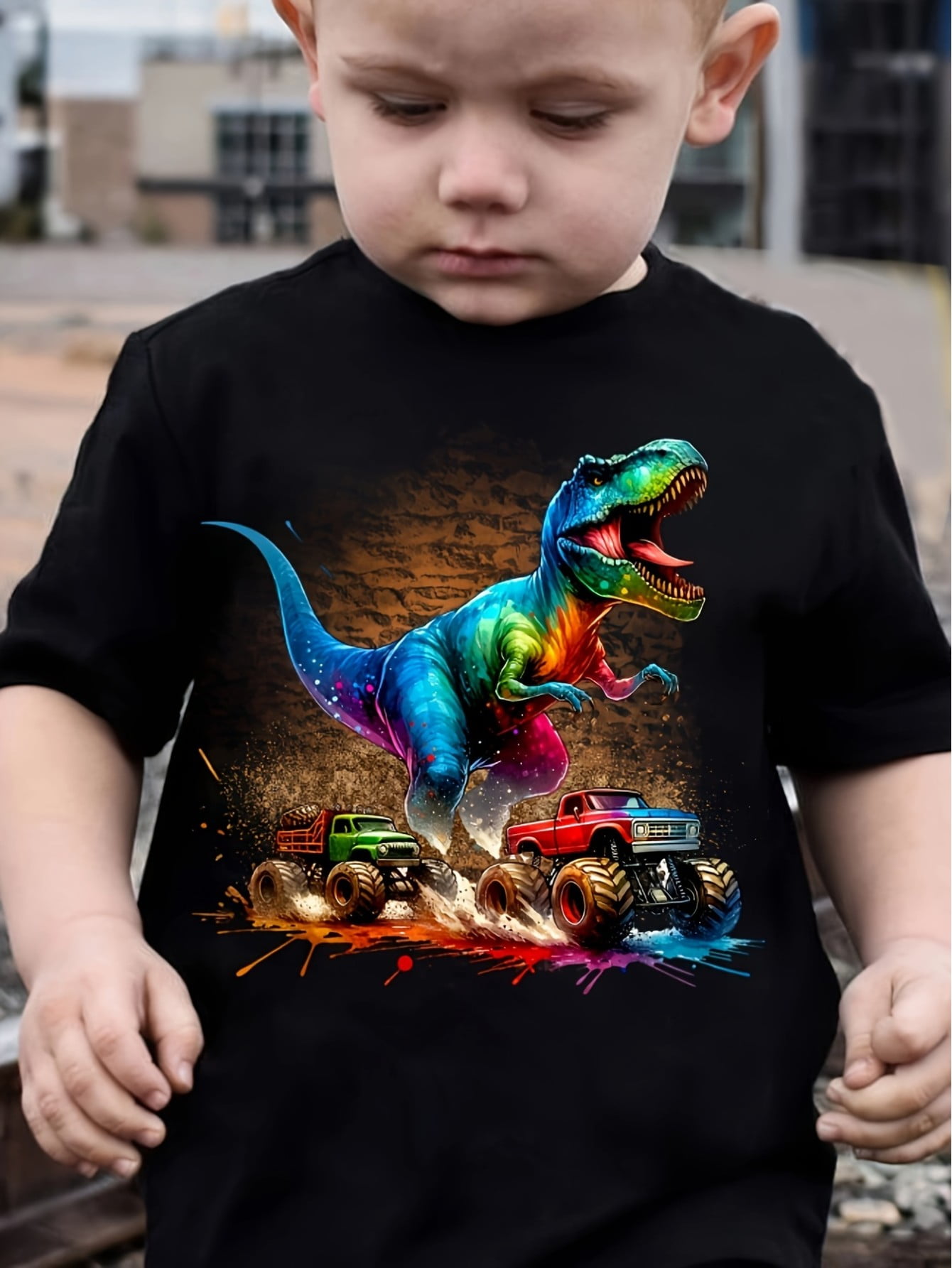 Boys' Cool T-Rex & Monster Truck Graphic Tee - Soft Polyester, Casual ...