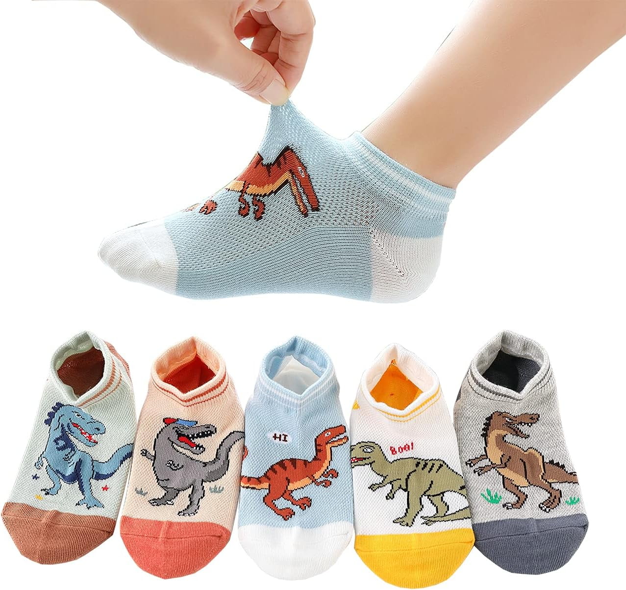 Boys Cotton Ankle Socks 5 Pairs Low Cut Dinosaur Mesh 1-12Y Light ...