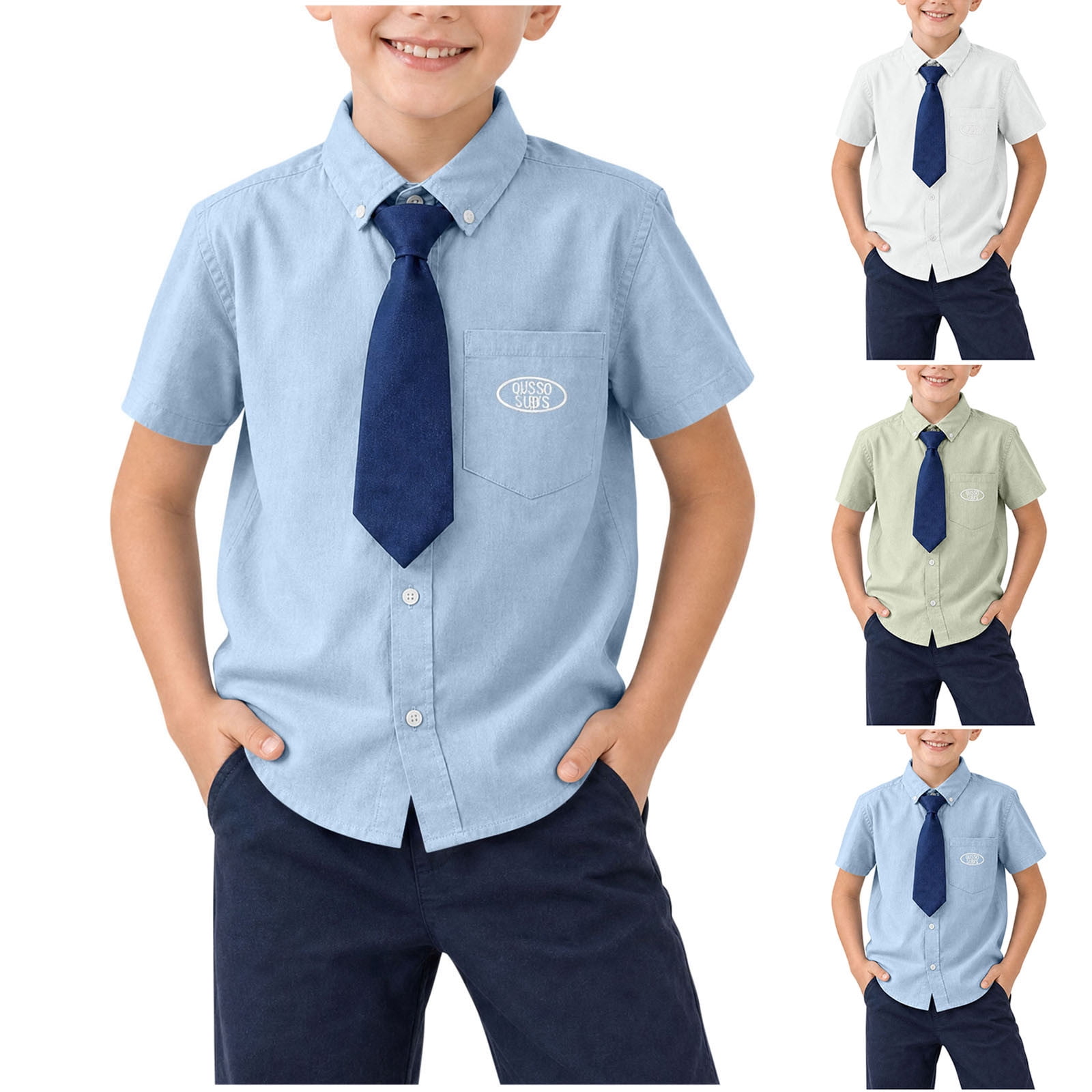 Boys Cotton Dress Shirt with Embroidery Pocket Button Down Kids Short ...