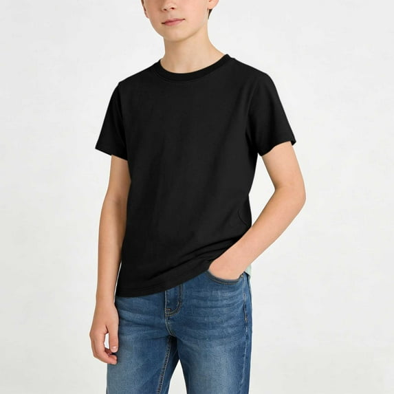 Boys Cotton T-Shirt Short Sleeve Crewneck Solid Black Regular Fit Tee ...