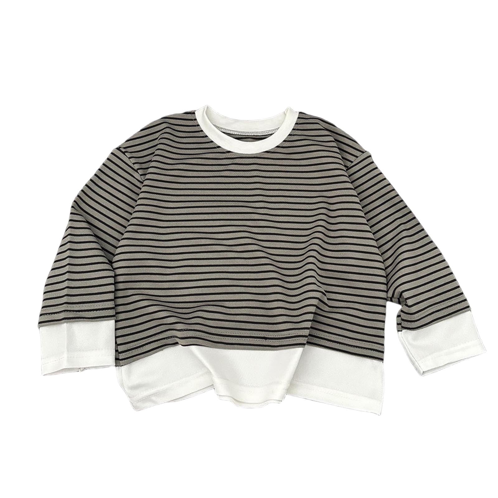 Boys Crew Neck Sweatshirts Long Sleeve Stripes Fake Two Piece Pullover ...
