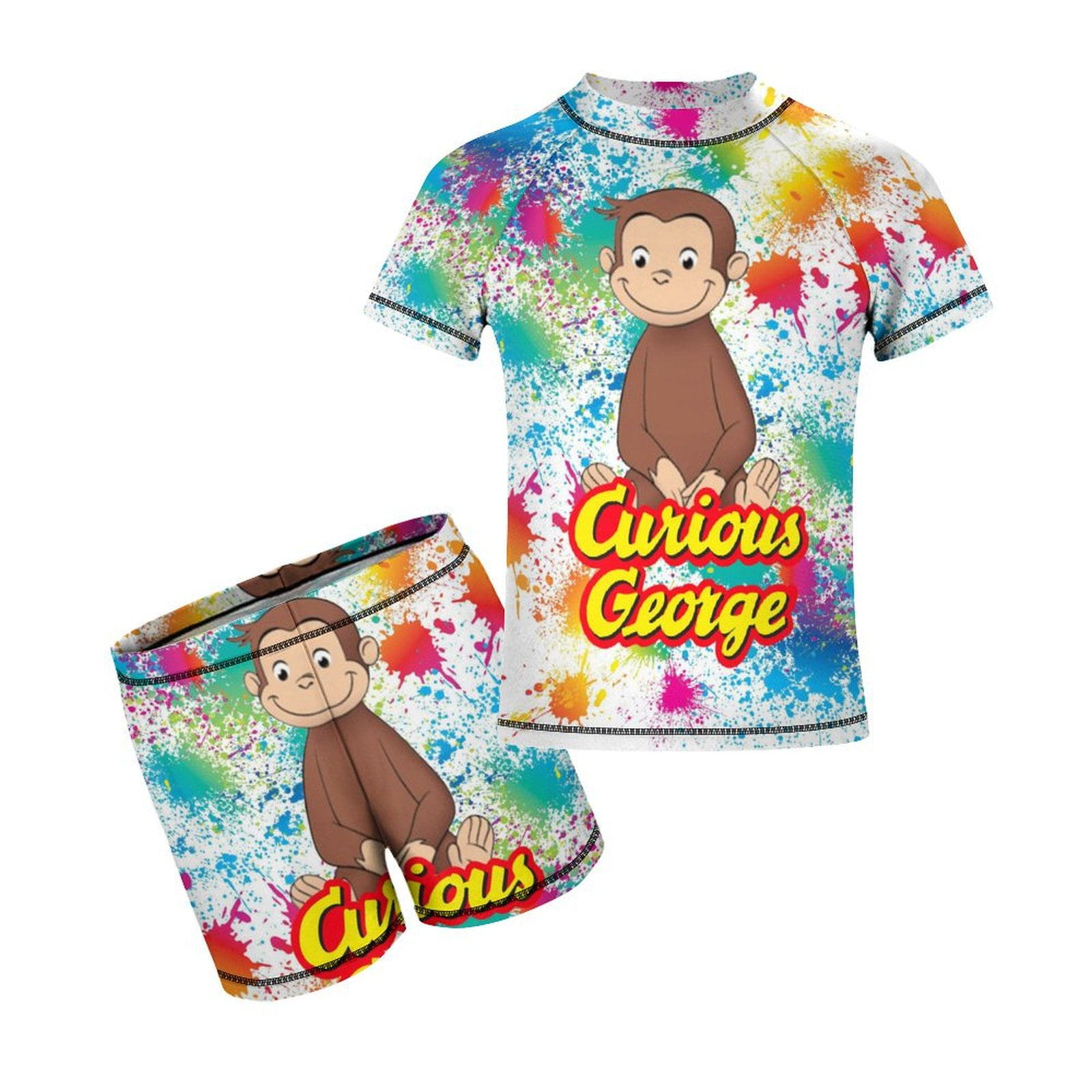 Boys Curi-ous Geor-ge Rash Guard Set 2 Piece Swimsuits Short Sleeve Bathing Suits with Trunks ...