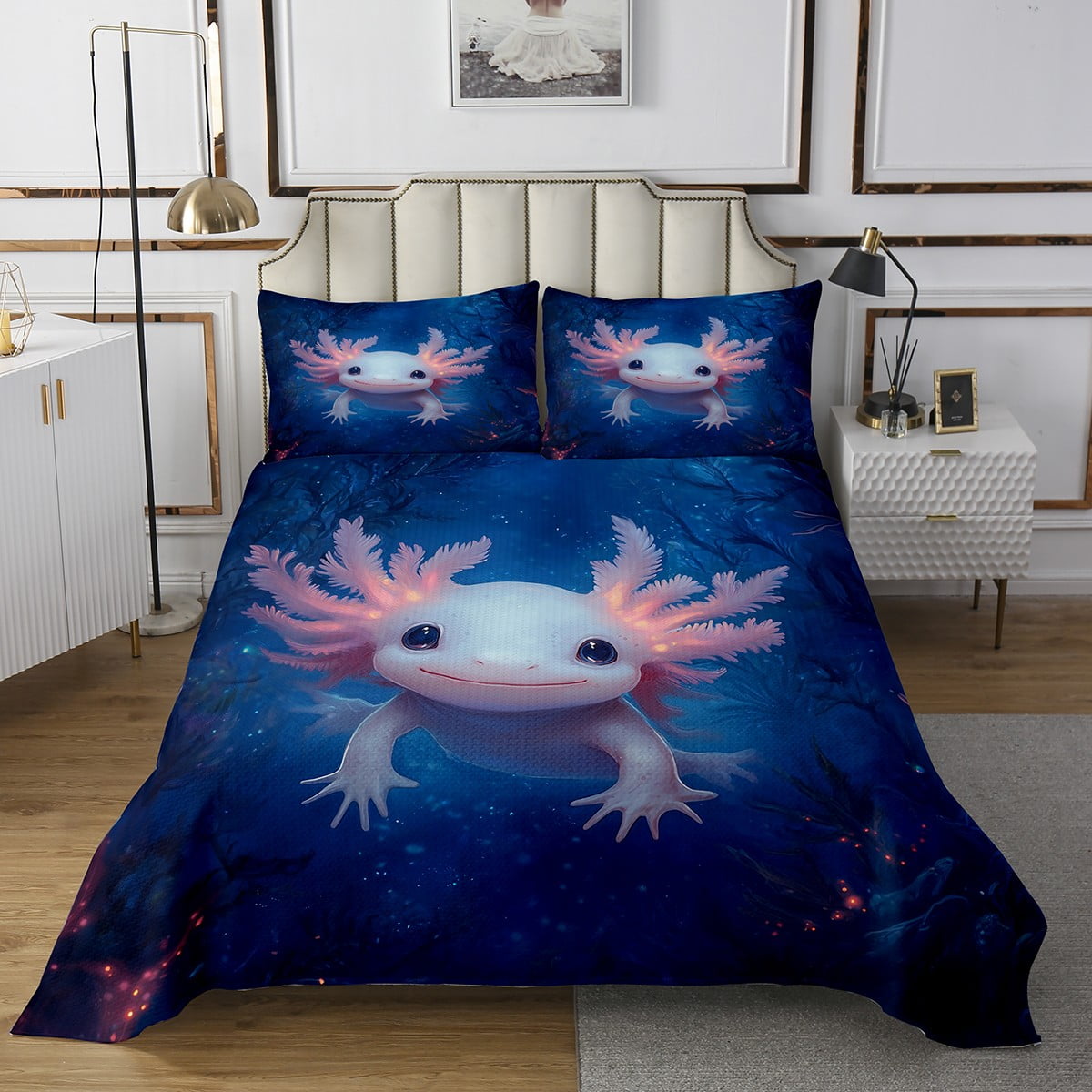 Cute Axolotl Bedspread Set King Size,Cartoon Axolotl Coverlet Set Pink ...