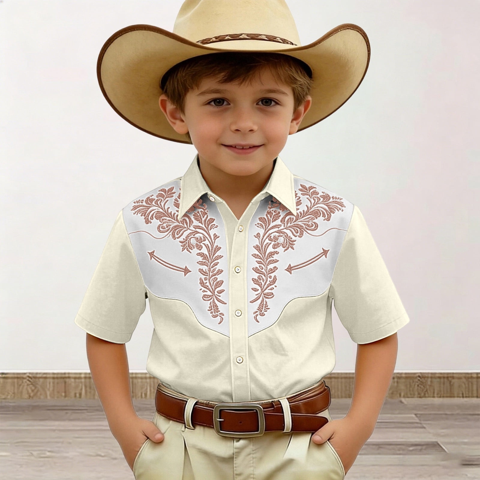 Boys Denim Print Short Sleeve Shirt Western Style Button Front Casual ...