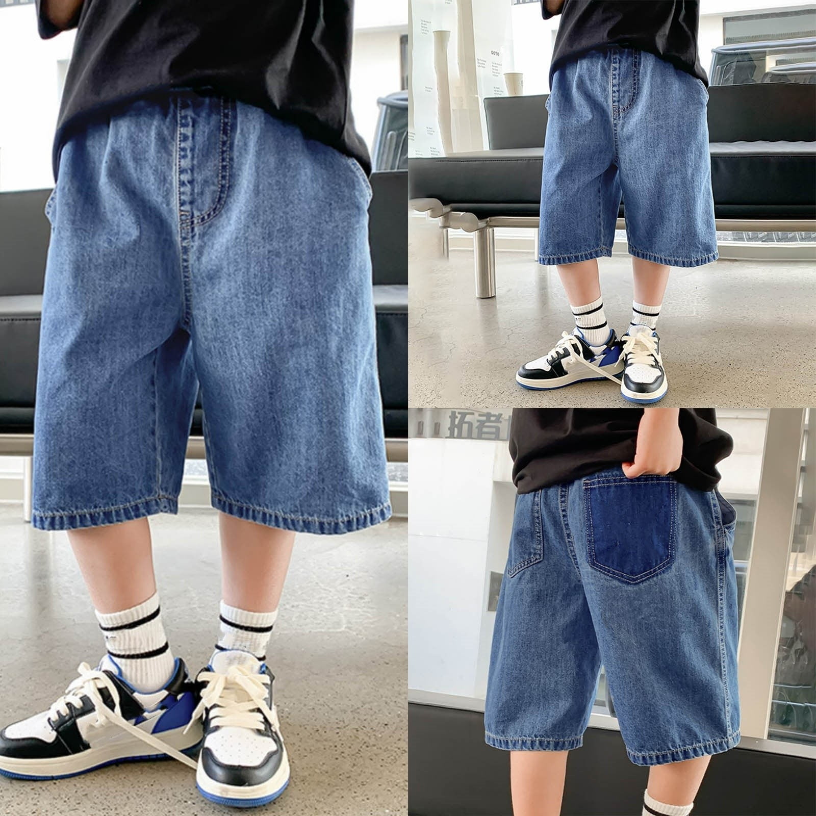 Boys Denim Shorts Fashion Loose Elastic Waist Pocket Jean Shorts Boys ...