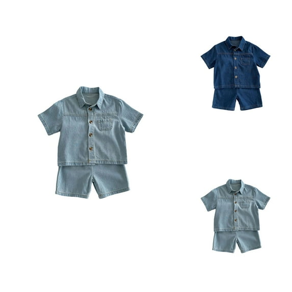 Boys' Denim Two-Piece Set, Short Sleeve Shirt & Pants Casual Summer ...