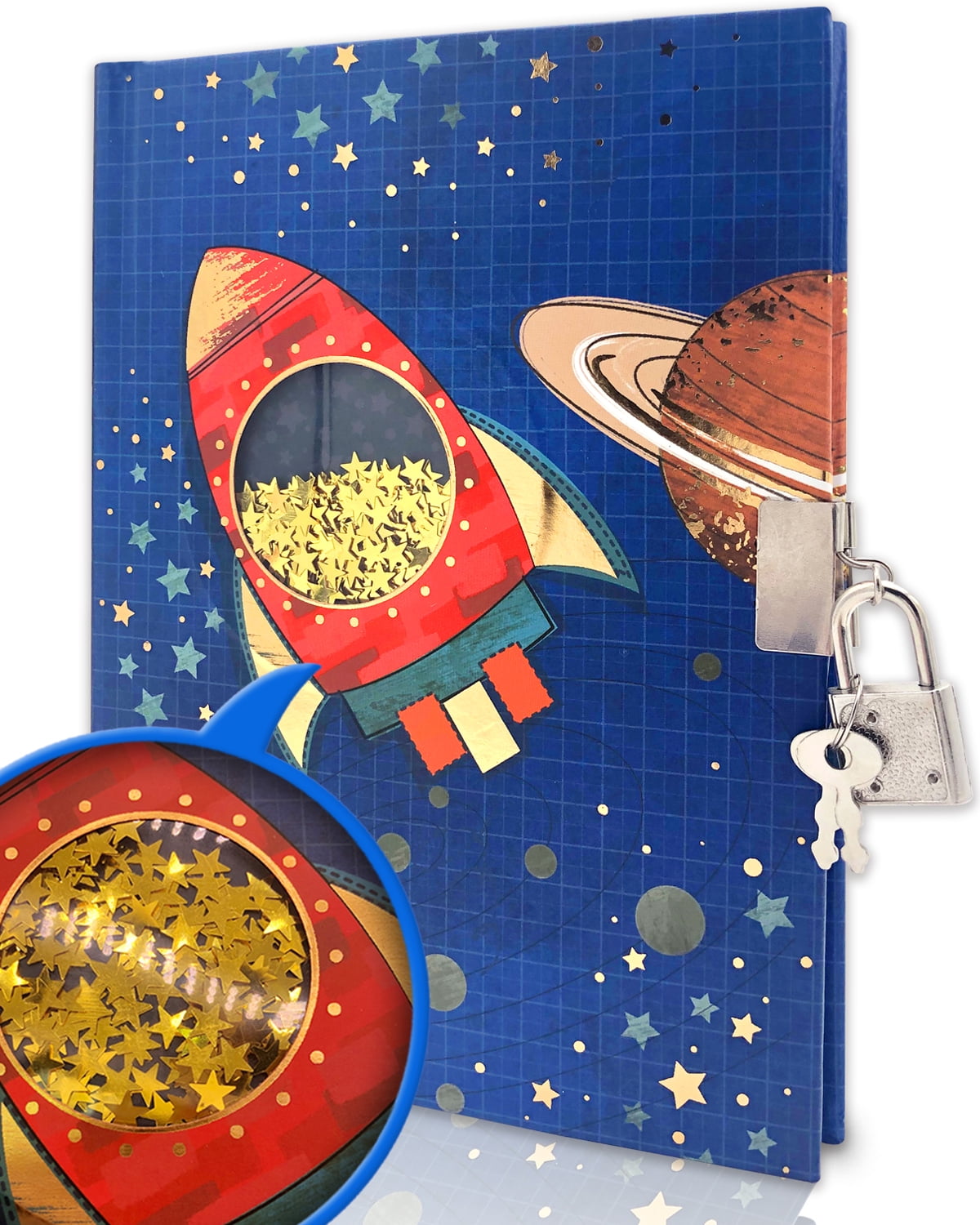 Boys Diary with Lock, 7x5.5 Inches 160 Lined Pages Spacecraft Shakable ...