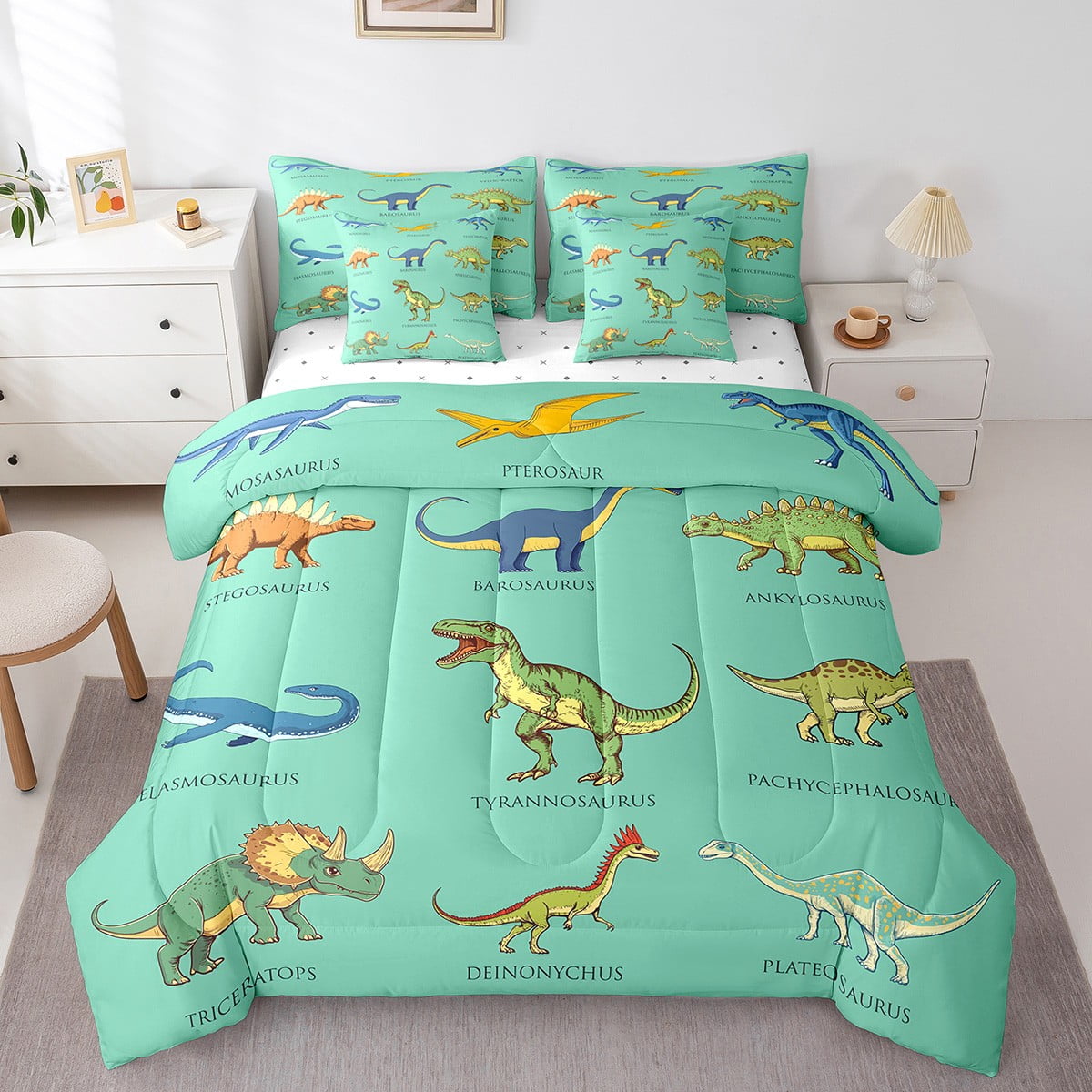 Dino 7 Pieces Bedding Set Cartoon Dinosaur Full Comforter Set with ...
