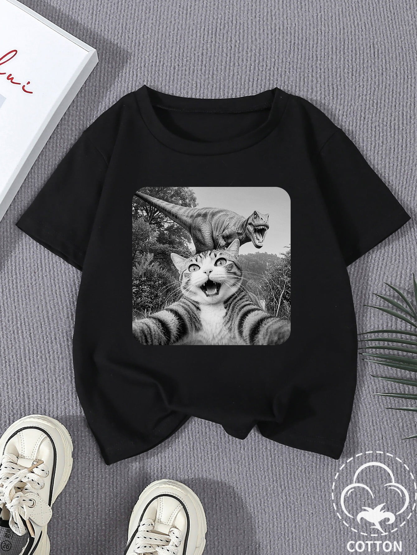 Boys' Dinosaur Chasing Cat Print Humorous Graphic Cotton T-Shirt - Soft ...
