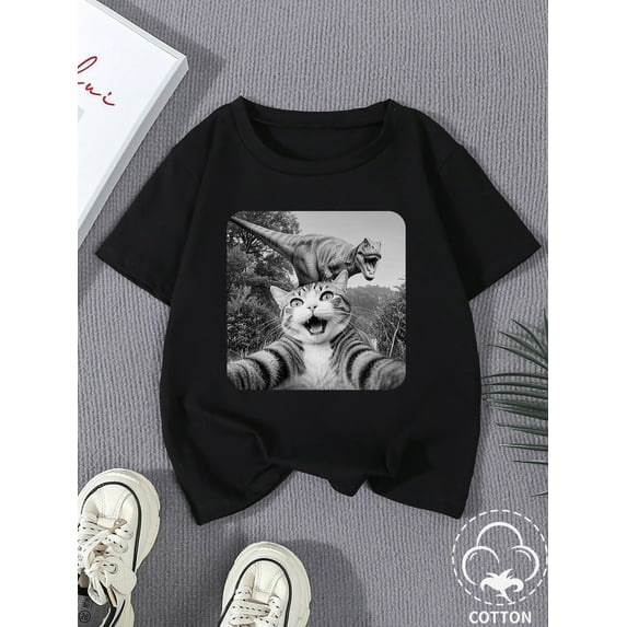 Boys' Dinosaur Chasing Cat Print Humorous Graphic Cotton T-Shirt - Soft ...