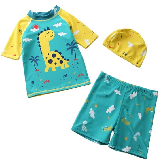 Boys' Dinosaur Print 3 Piece Swim Set with Cap Short Sleeve Rash Guard ...