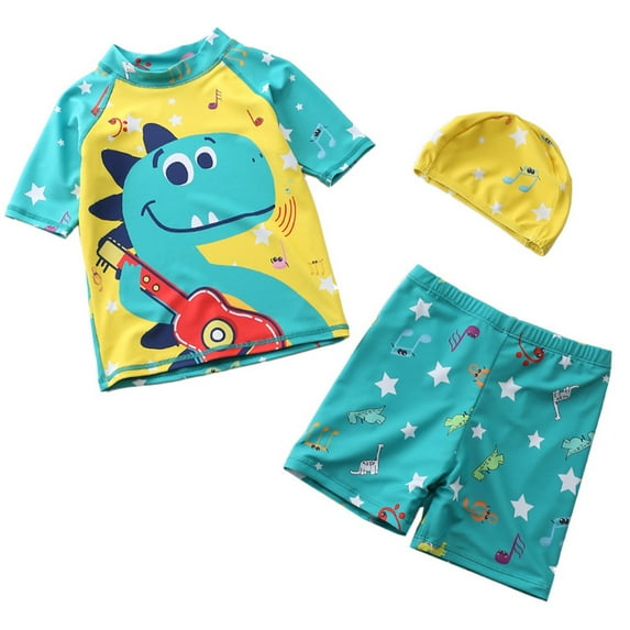 Boys' Dinosaur Print 3 Piece Swim Set with Cap Short Sleeve Rash Guard ...