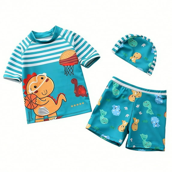Boys' Dinosaur Print 3 Piece Swim Set with Cap Short Sleeve Rash Guard ...