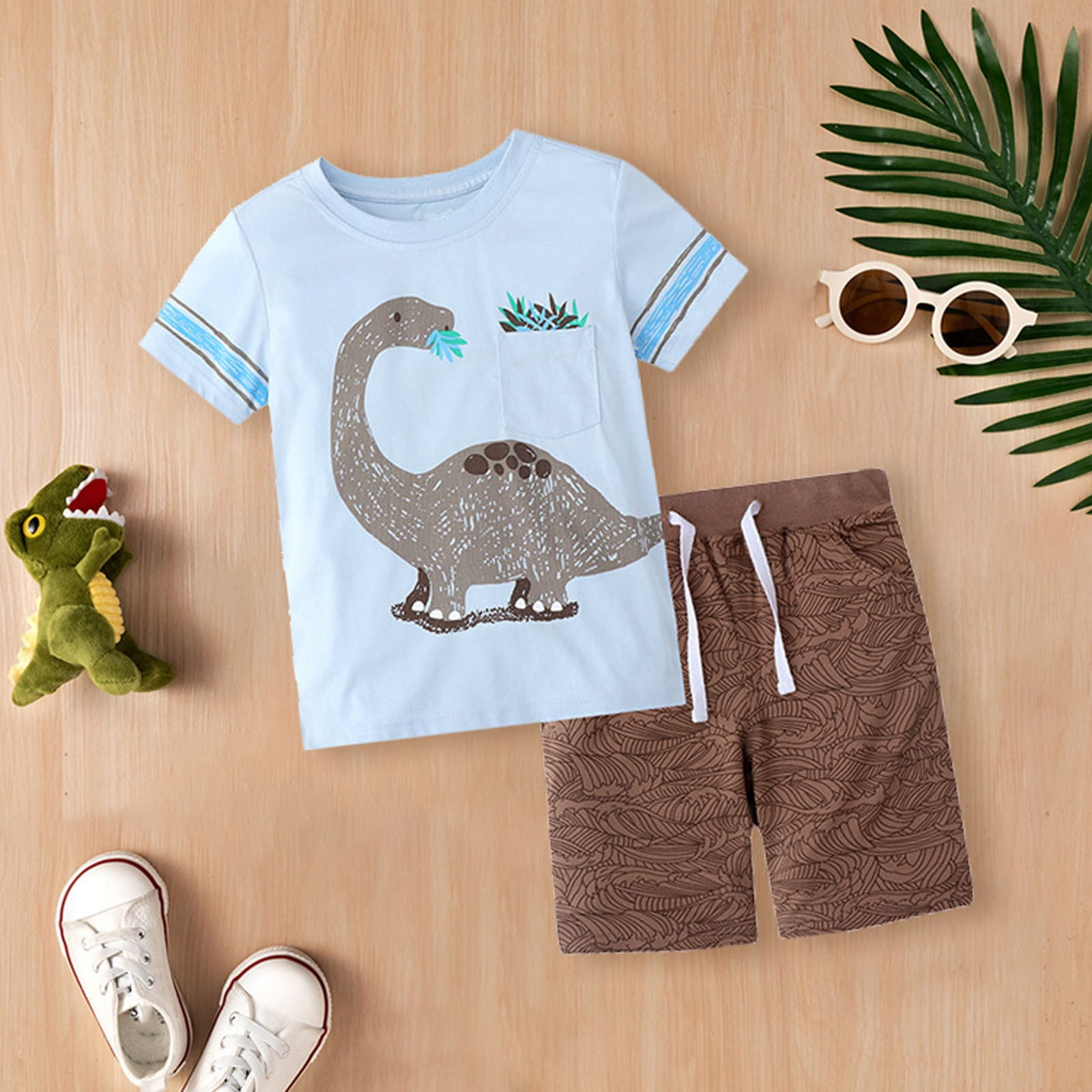 YDOJG Boys Dinosaur Print Outfits Summer Children Short Sleeved Shorts Two Piece Knitted Cotton ...