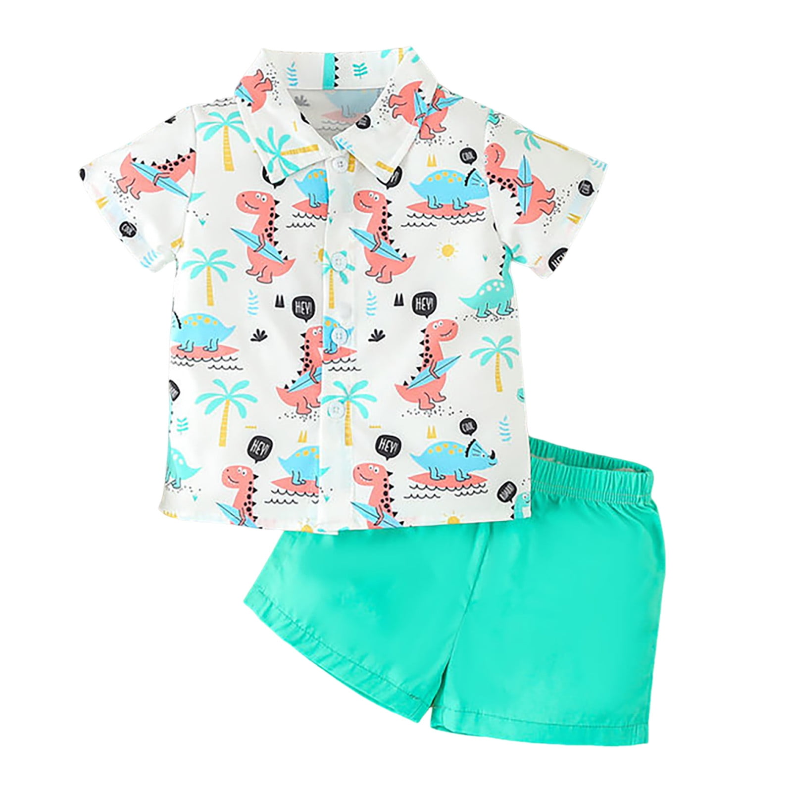 Boys Dinosaur Printed Outfit Collared Short Sleeve Shirt Shorts 2 Piece ...