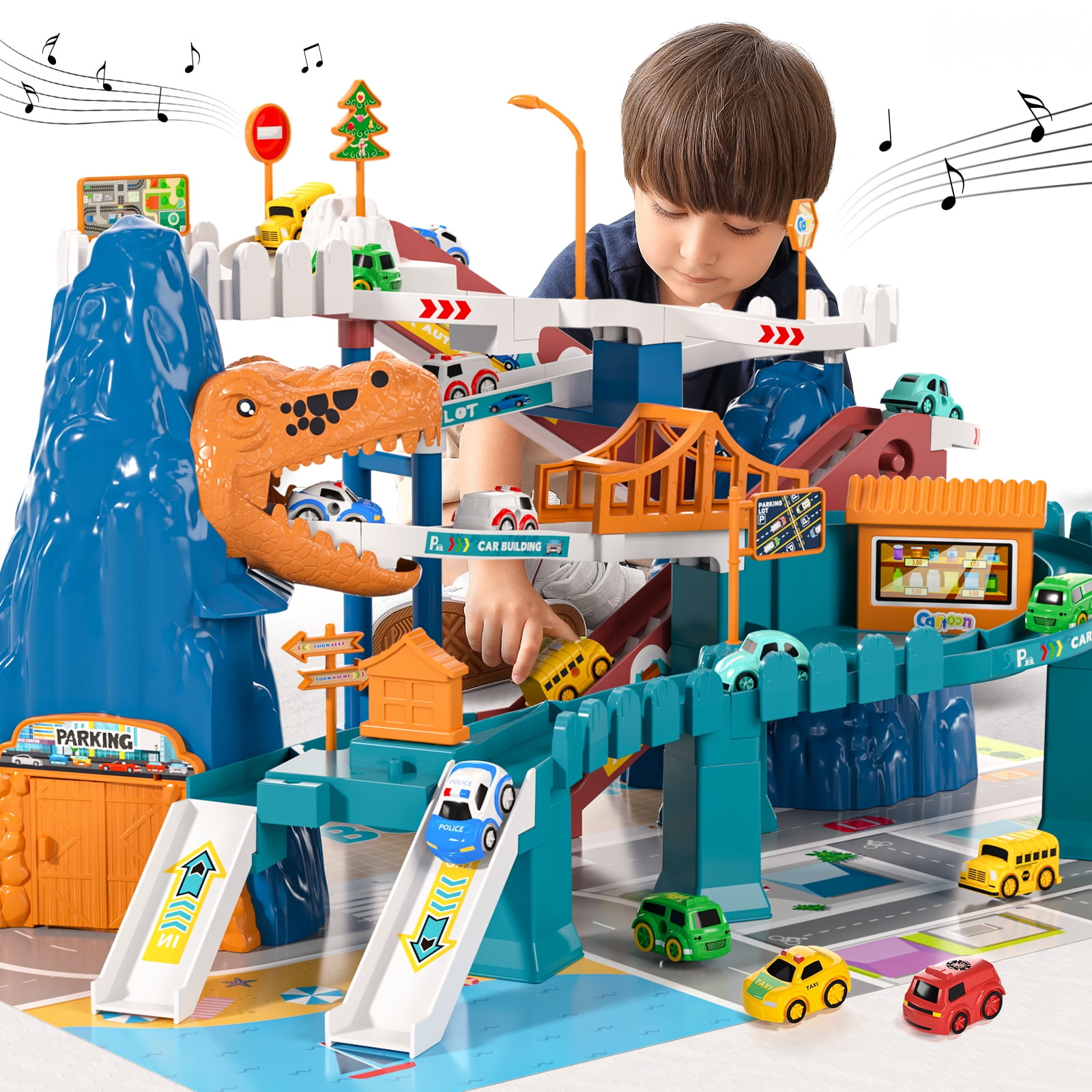 Boys Dinosaur Race Track Playset, Kids Car Garage Parking Adventure Toy ...