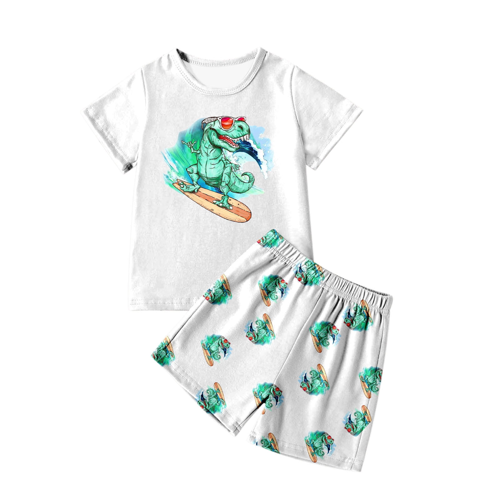 Boys' Dinosaur Surfing Print T-Shirt and Shorts Set for Summer, Sports ...