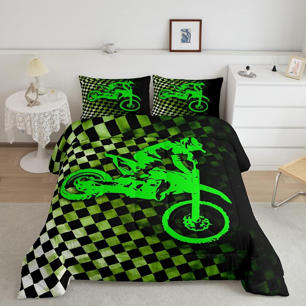 Dirt Bike Comforter,Motocross Rider Bedding,Black and White Buffalo Plaid Bedding Sets ...