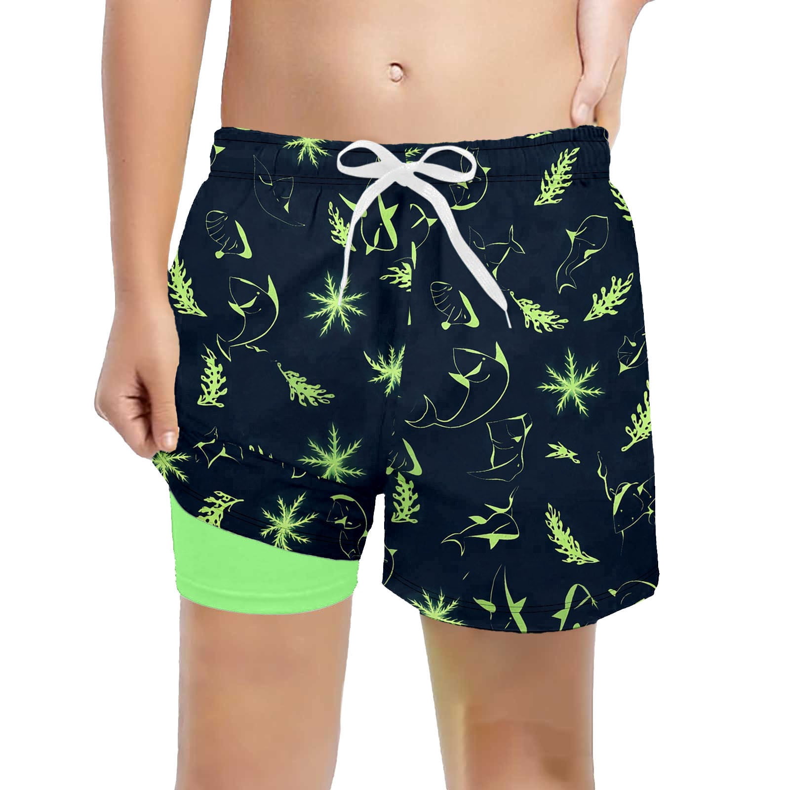 Boys Double Layer Swim Trunks with Prints Beach Shorts for Swimming ...
