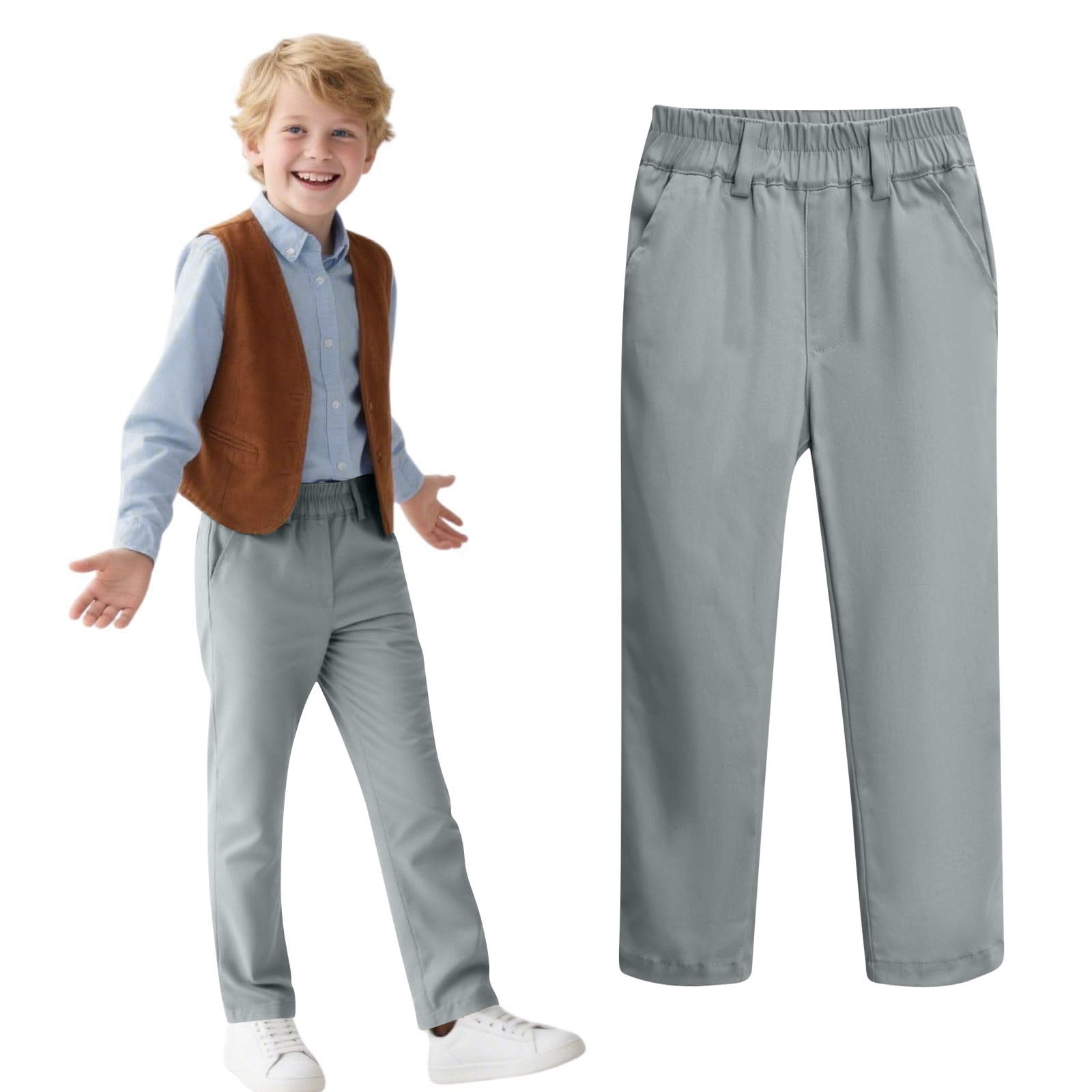 Boys Dress Pants Stretch Chino Solid Color Elastic Waist Pull On Casual ...