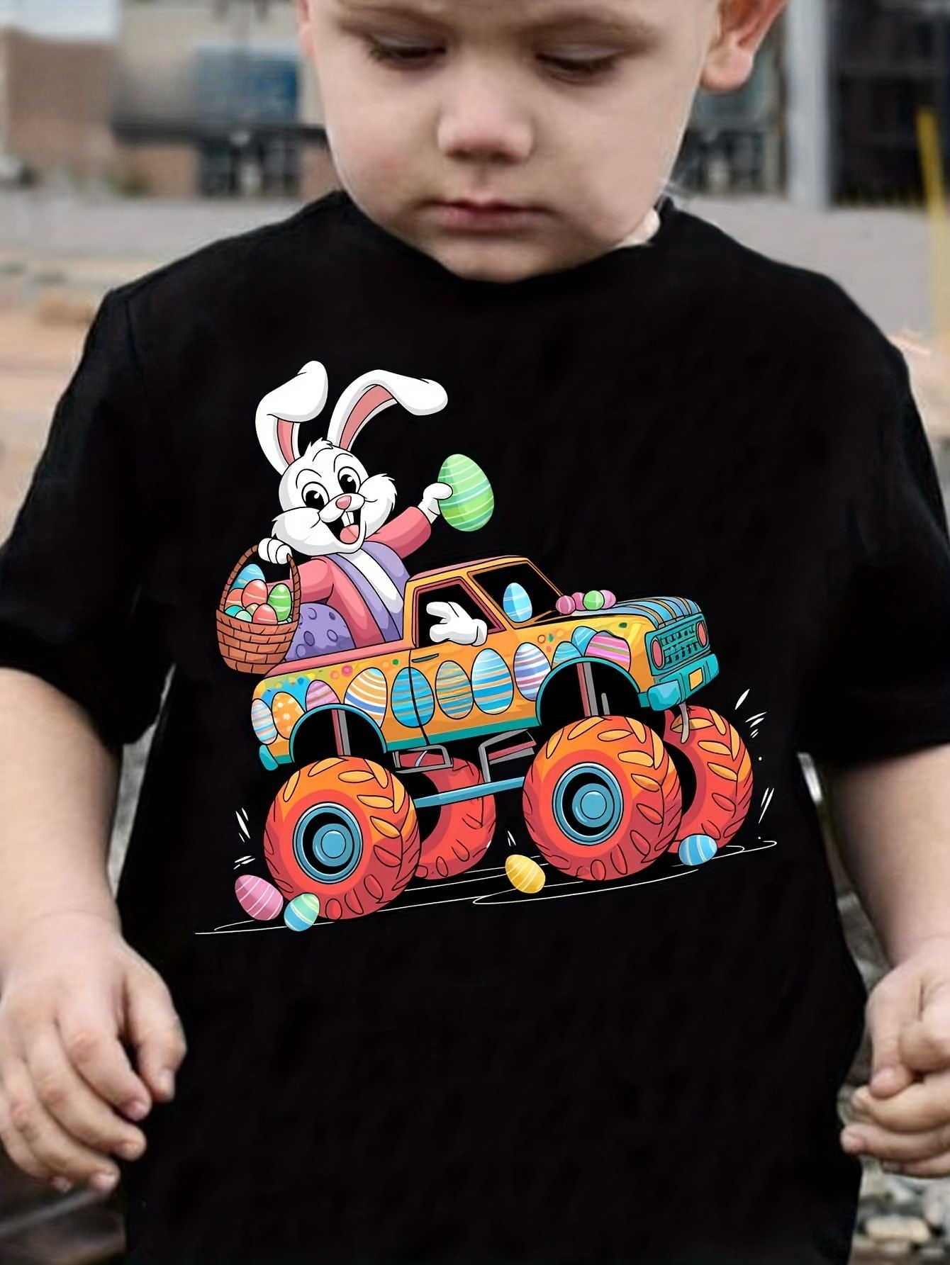 Boys' Easter Bunny & Egg Print T-Shirt - Fun Cartoon Rabbit Driving ...