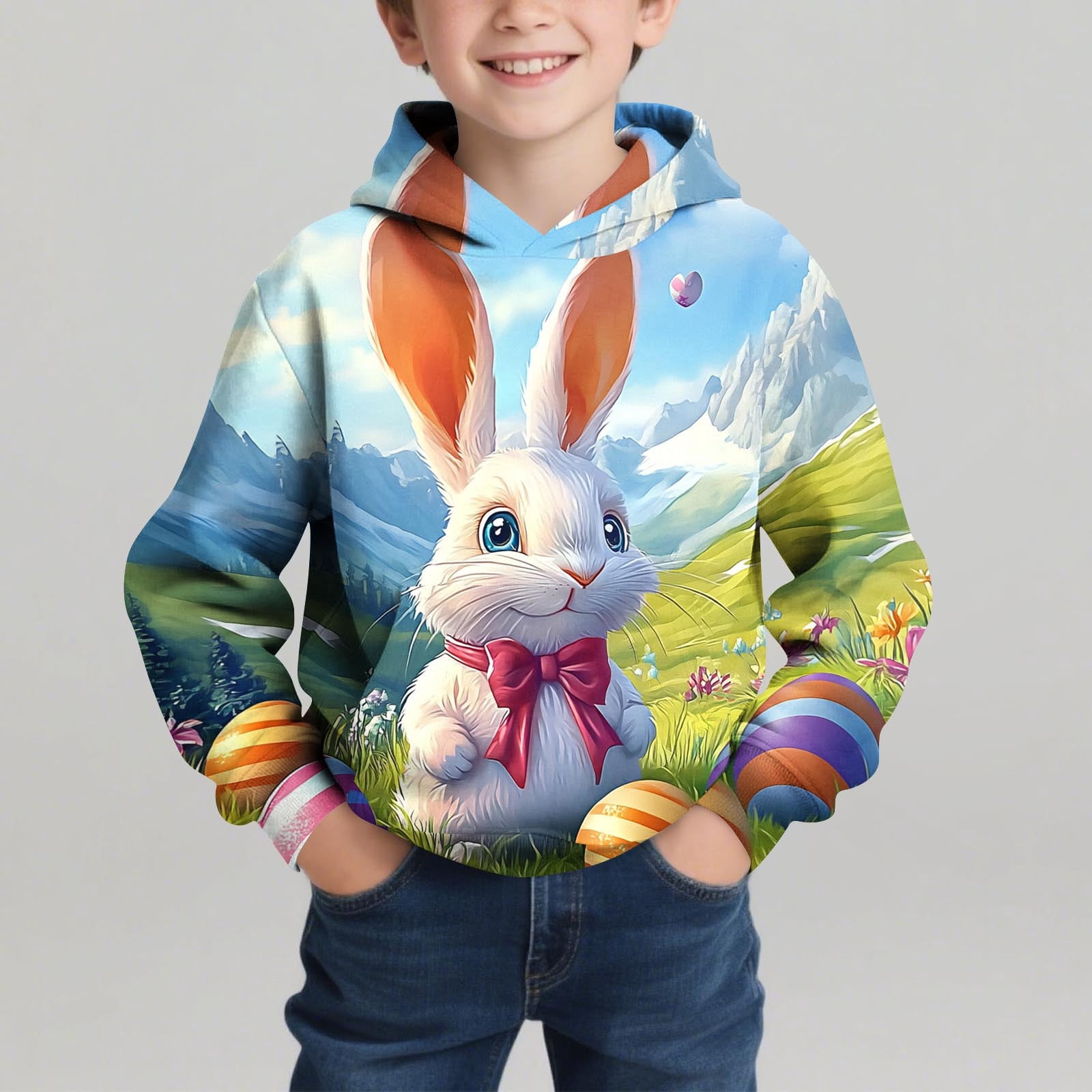 Boys Easter Bunny Hoodie All Over Print Light Blue Stretchy Polyester ...