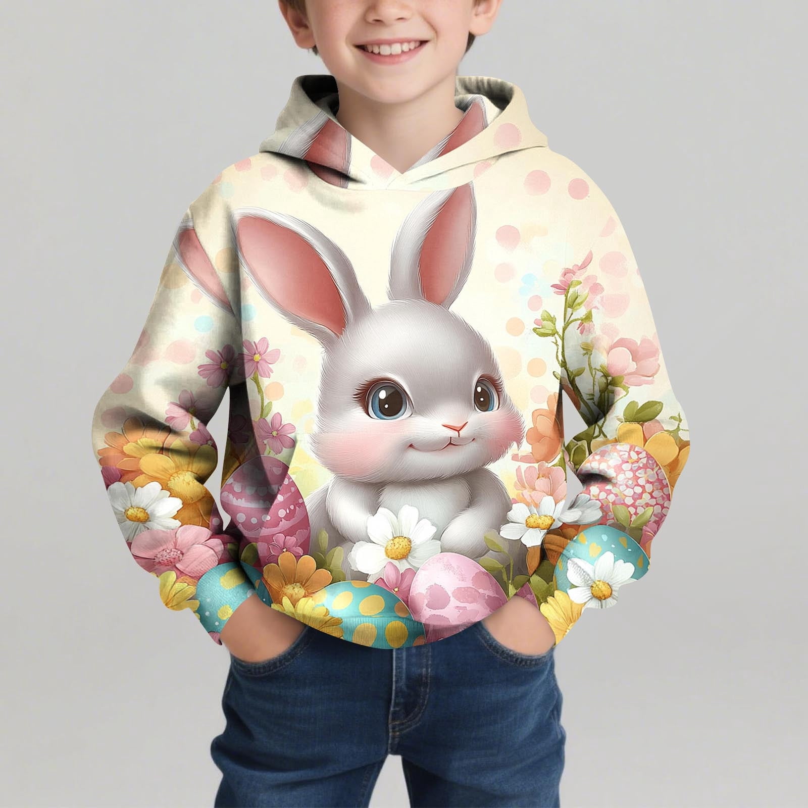 Boys Easter Bunny Hoodie with 3D Ears, All Over Print Beige Pullover ...